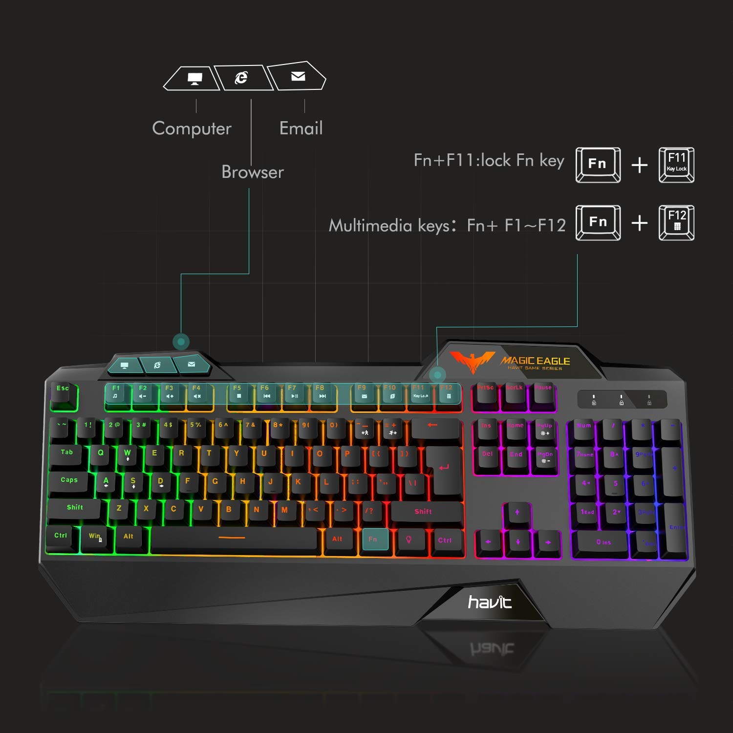 HAVIT Rainbow Backlit Wired Gaming Keyboard 104 Keys LED USB Ergonomic Wrist Rest Keyboard for Windows PC Gamer Desktop, Computer (Black) (Renewed)
