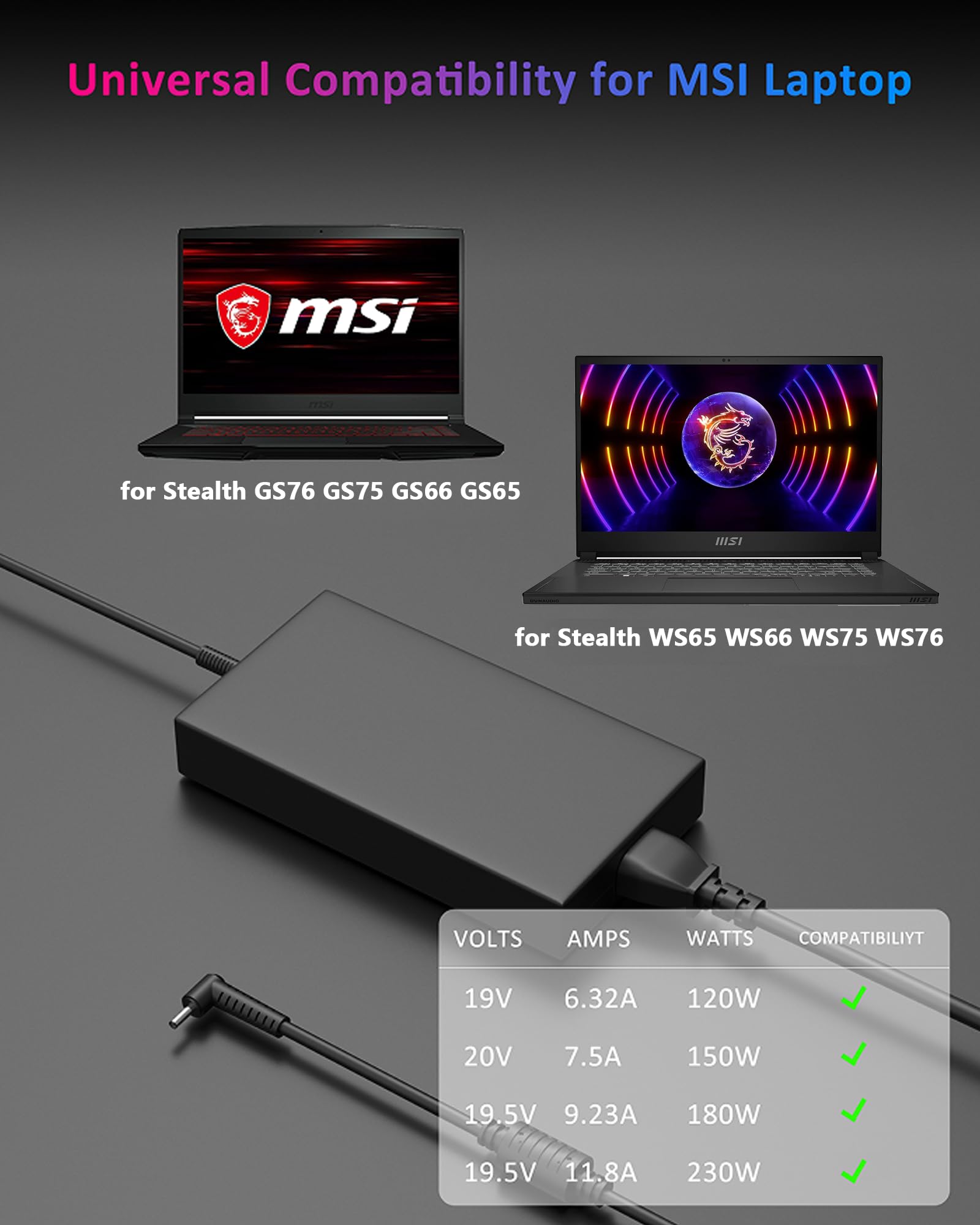 230W Charger Ac Adapter for MSI Stealth GS76 GS75 GS66 GS65 WS65 WS66 WS75 WS76 MSI Gaming Laptop A12-230P1A A17-230P1A Power Supply Cord