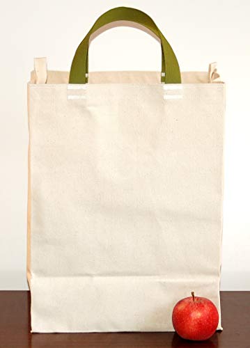 Turtlecreek Made in USA Cotton Canvas Reuseable Grocery Tote Bags - Short Green Handles - Regular Size - 4 Pack