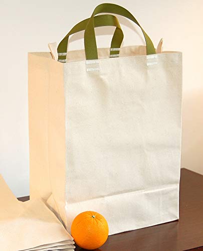 Turtlecreek Made in USA Cotton Canvas Reuseable Grocery Tote Bags - Short Green Handles - Regular Size - 4 Pack