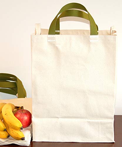 Turtlecreek Made in USA Cotton Canvas Reuseable Grocery Tote Bags - Short Green Handles - Regular Size - 4 Pack