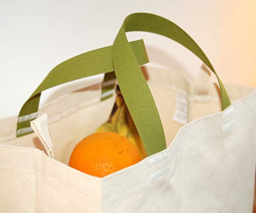 Turtlecreek Made in USA Cotton Canvas Reuseable Grocery Tote Bags - Short Green Handles - Regular Size - 4 Pack
