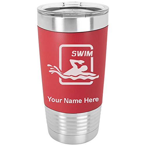 LaserGram 20oz Vacuum Insulated Tumbler Mug, Swimming, Personalized Engraving Included (Silicone Grip, Red)