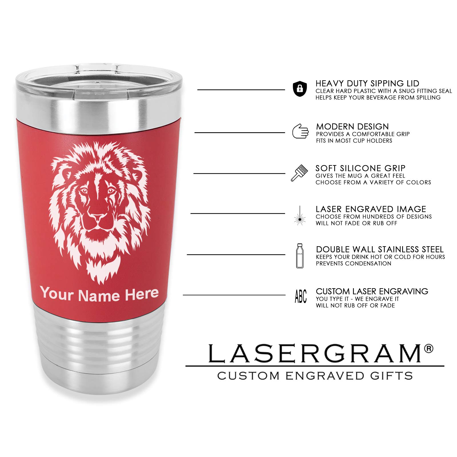 LaserGram 20oz Vacuum Insulated Tumbler Mug, King Crown, Personalized Engraving Included (Silicone Grip, Red)
