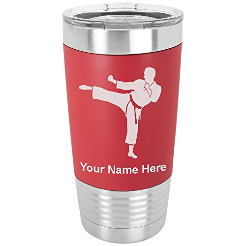 LaserGram 20oz Vacuum Insulated Tumbler Mug, Karate Man, Personalized Engraving Included (Silicone Grip, Red)