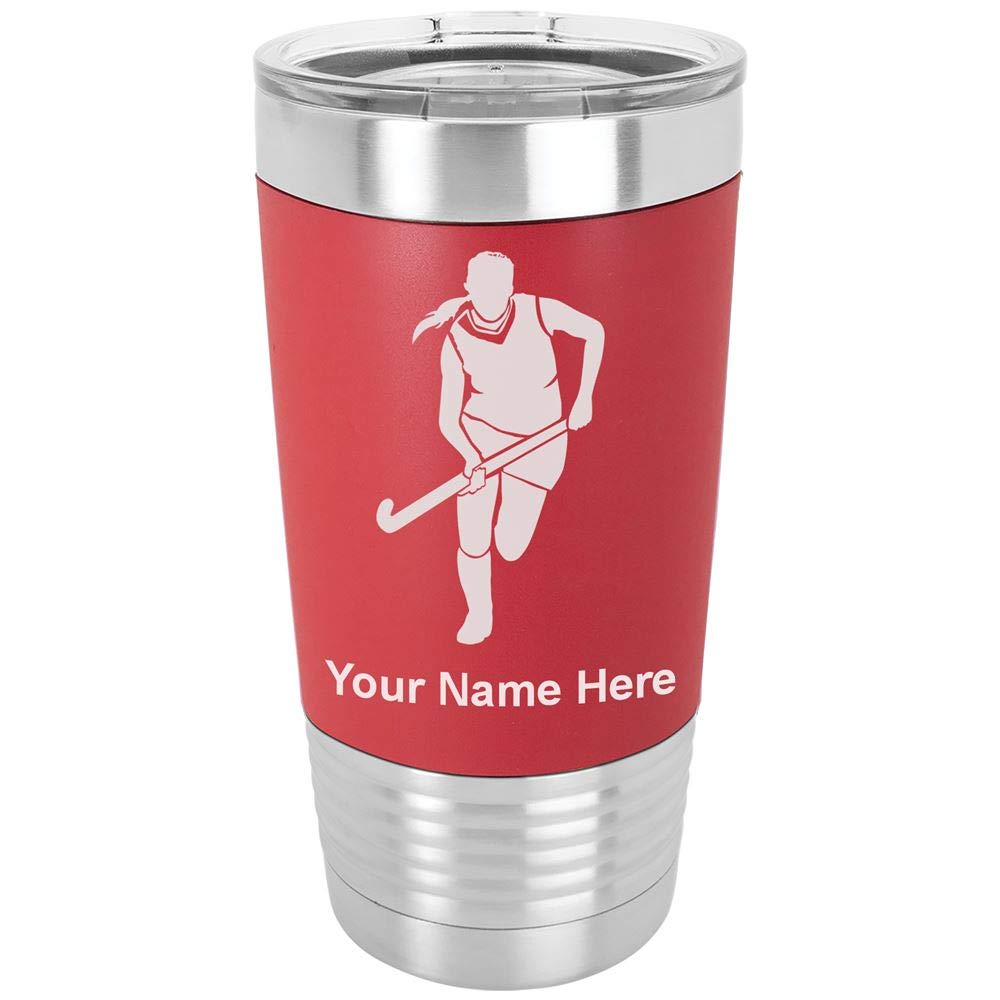 LaserGram 20oz Vacuum Insulated Tumbler Mug, Field Hockey Woman, Personalized Engraving Included (Silicone Grip, Red)