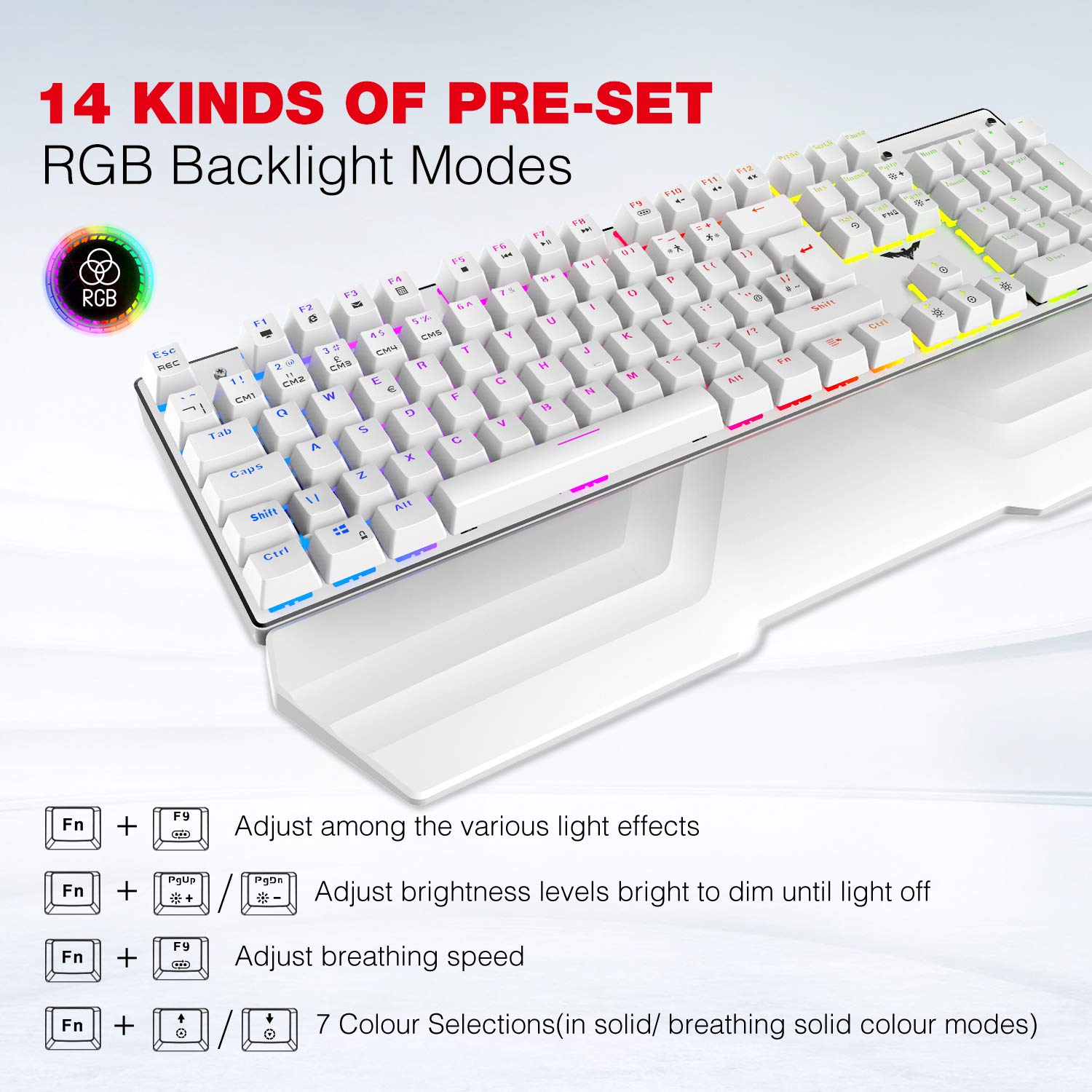 havit Wired RGB Mechanical Gaming Keyboard and Mouse Combo Set UK Layout, Blue Switch Mechanical Keyboard with Detachable Ergonomic Wrist Rest 4800Dots Per Inch Programmable Wired Mouse, White