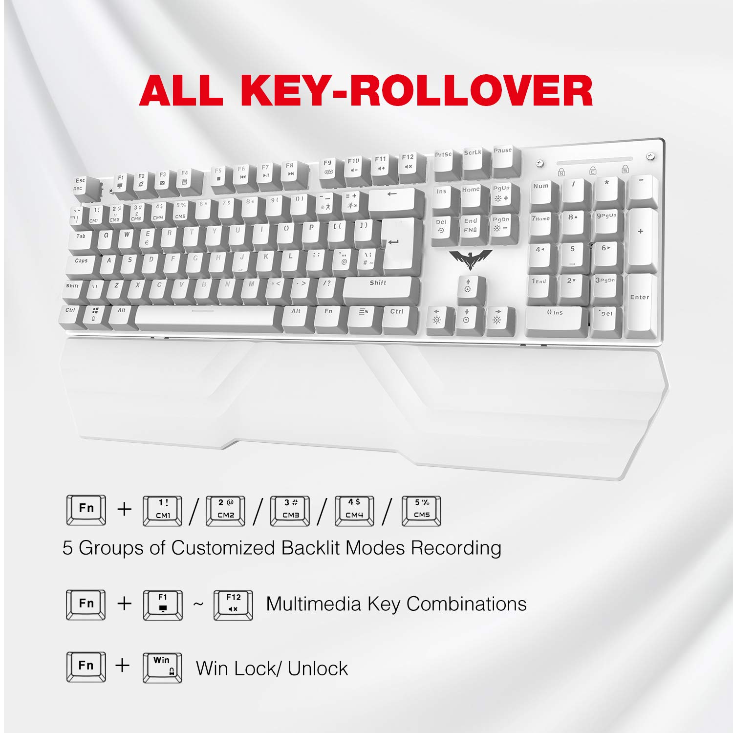 havit Wired RGB Mechanical Gaming Keyboard and Mouse Combo Set UK Layout, Blue Switch Mechanical Keyboard with Detachable Ergonomic Wrist Rest 4800Dots Per Inch Programmable Wired Mouse, White