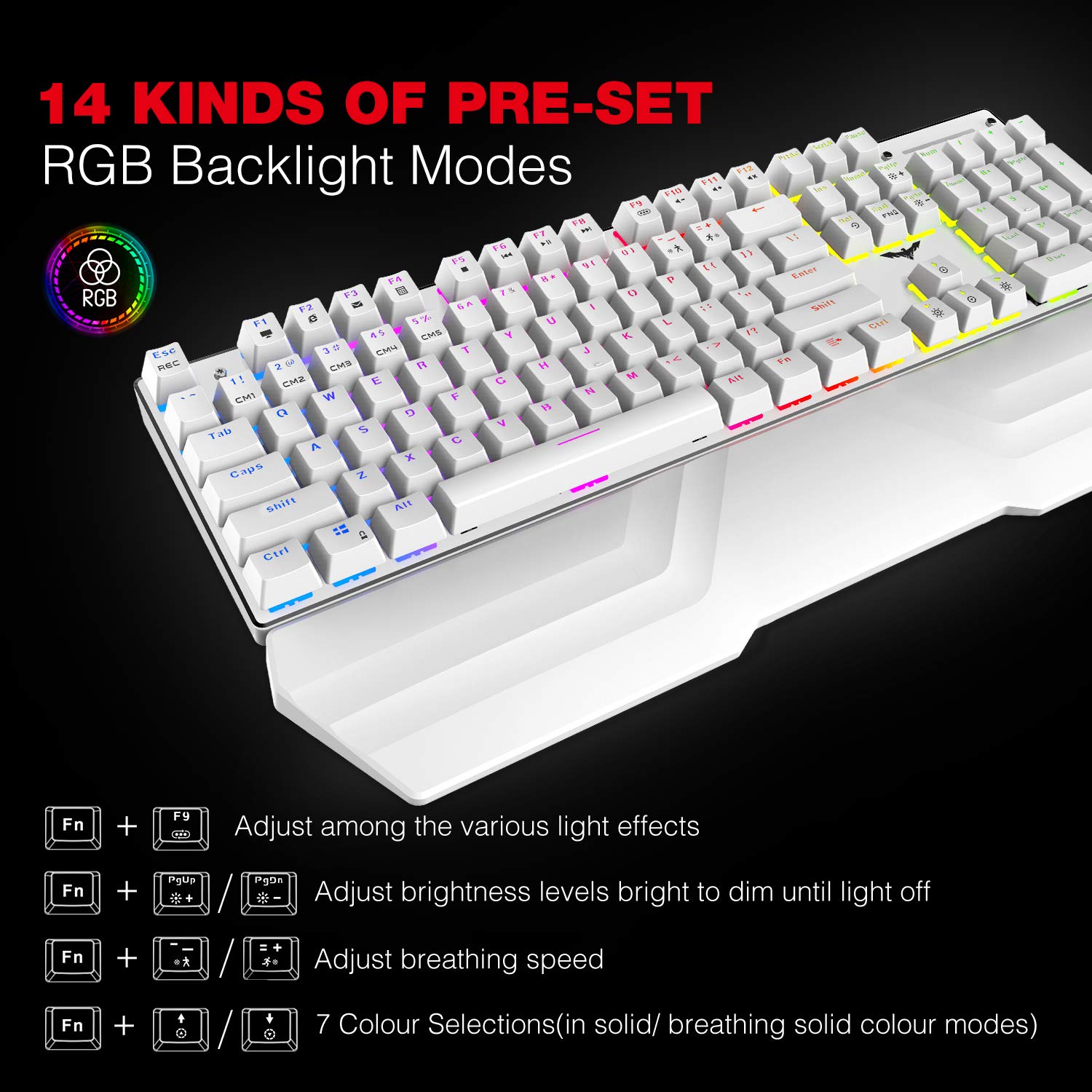 Havit Mechanical Keyboard and Mouse Combo RGB Gaming 104 Keys Blue Switches Wired USB Keyboards with Detachable Wrist Rest, Programmable Gaming Mouse for PC Gamer Computer Desktop (White)