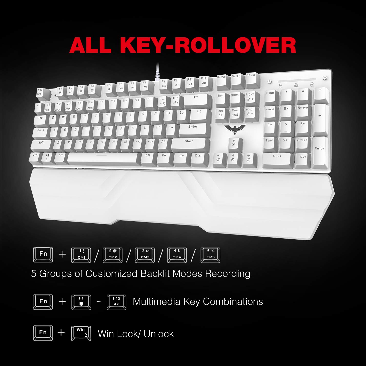 Havit Mechanical Keyboard and Mouse Combo RGB Gaming 104 Keys Blue Switches Wired USB Keyboards with Detachable Wrist Rest, Programmable Gaming Mouse for PC Gamer Computer Desktop (White)