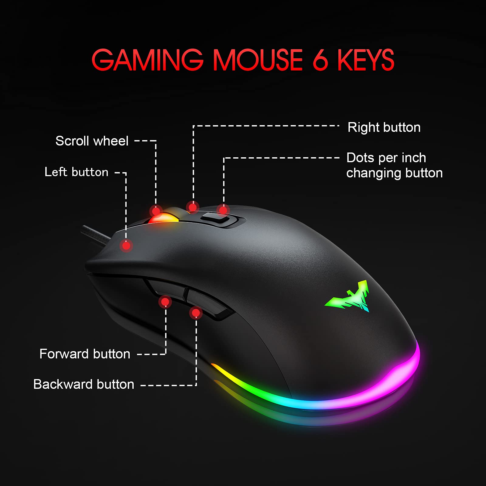 havit RGB Gaming Mouse Wired PC Gaming Mice with 7 Color Backlight, 6 Buttons, Up to 6400 D P I Computer USB Mouses for Desktop Laptop Gamer & Work