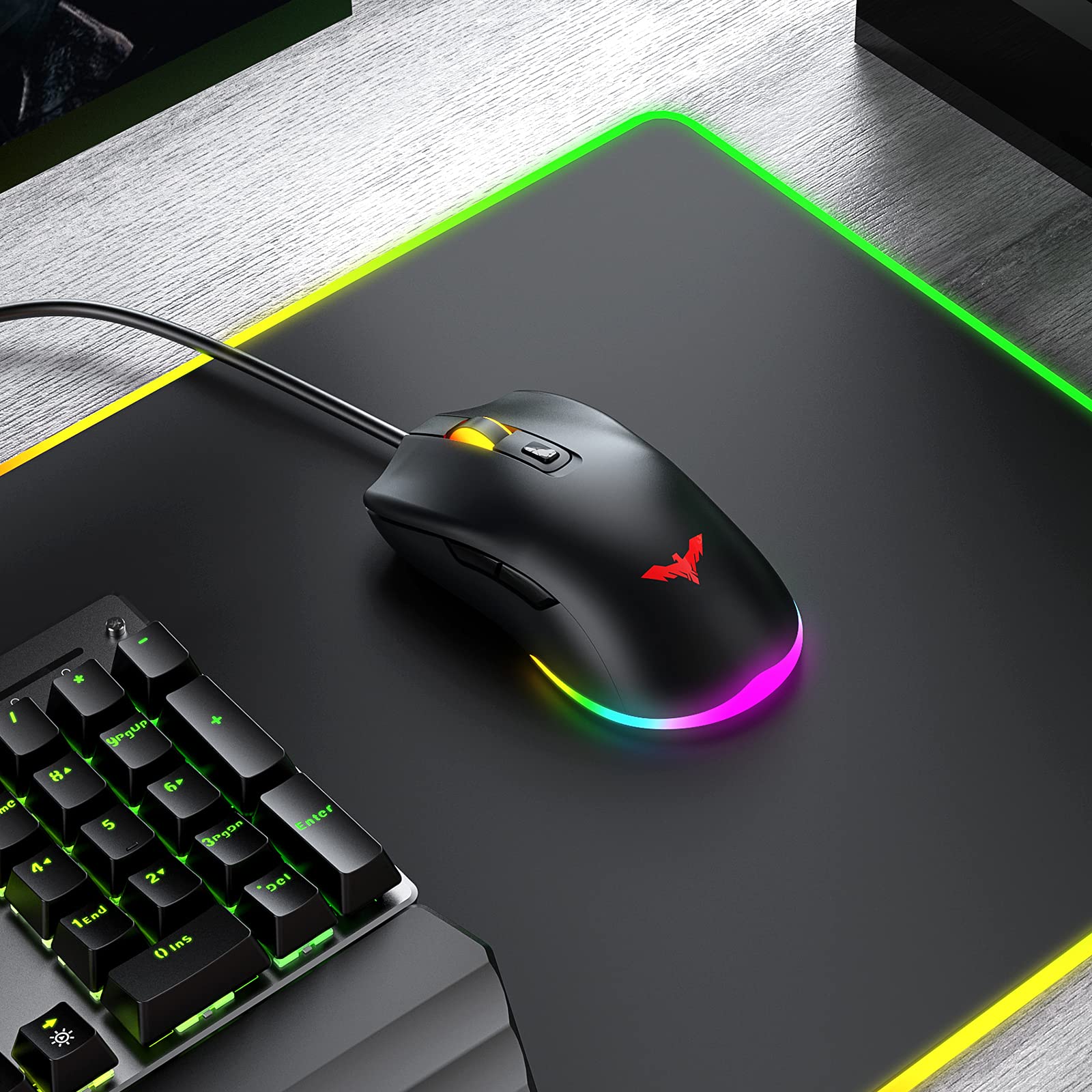 havit RGB Gaming Mouse Wired PC Gaming Mice with 7 Color Backlight, 6 Buttons, Up to 6400 D P I Computer USB Mouses for Desktop Laptop Gamer & Work