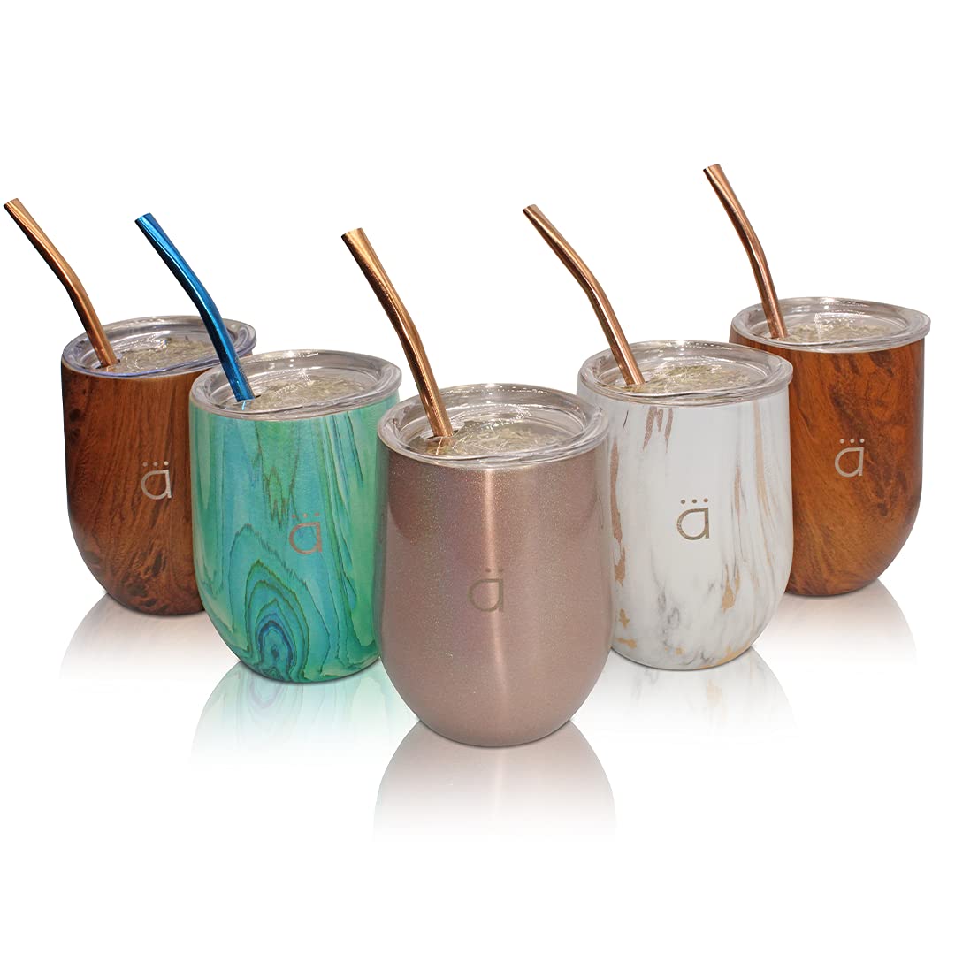 Kalmateh Yerba Mate Gourd Extra Large (12 oz) Mate Cup with BPA Free Travel Lid, Filter Straw & Cleaner- 18/8 Vacuum Insulated Stainless Steel (Rose Gold)