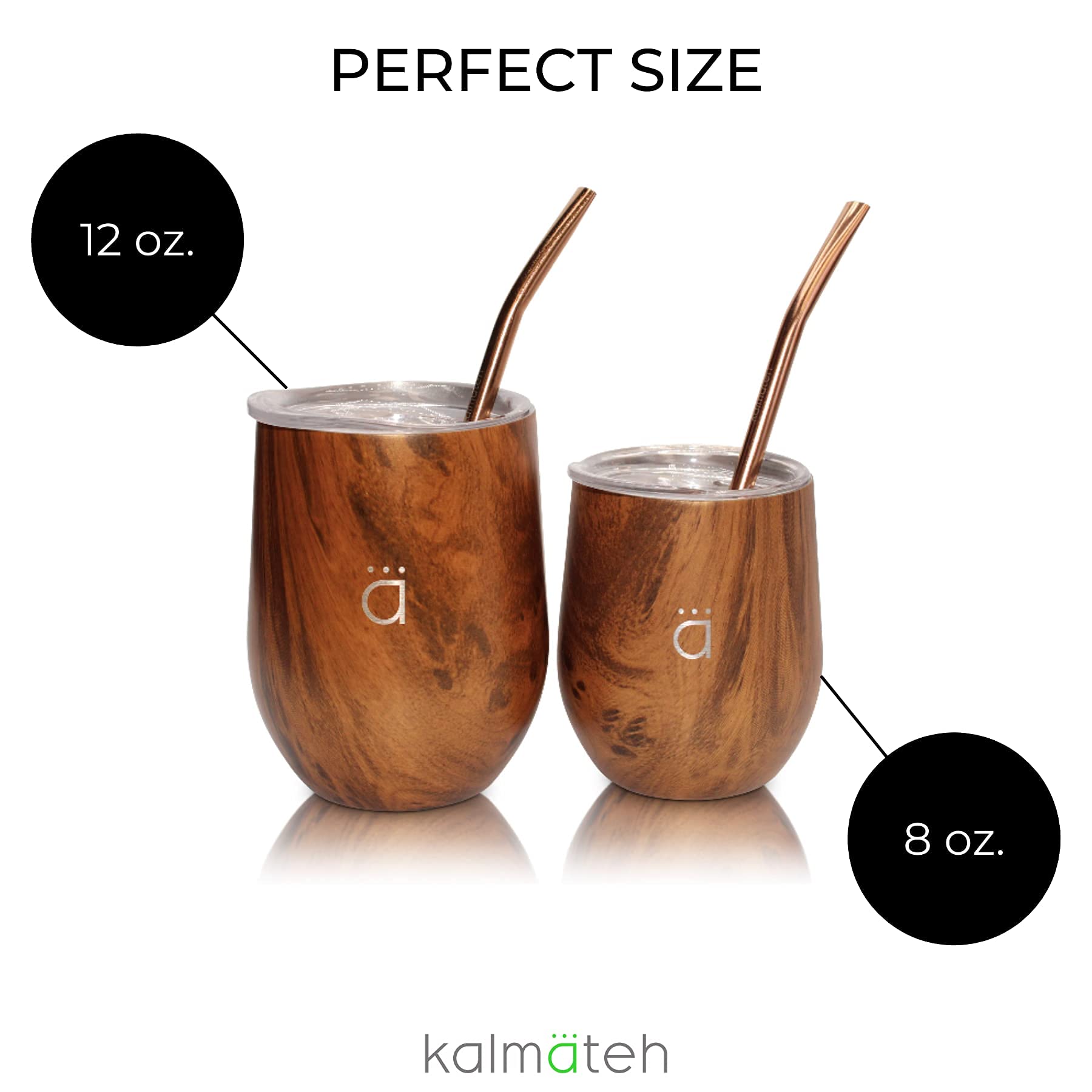 Kalmateh Yerba Mate Gourd Extra Large (12 oz) Mate Cup with BPA Free Travel Lid, Filter Straw & Cleaner- 18/8 Vacuum Insulated Stainless Steel (Rose Gold)