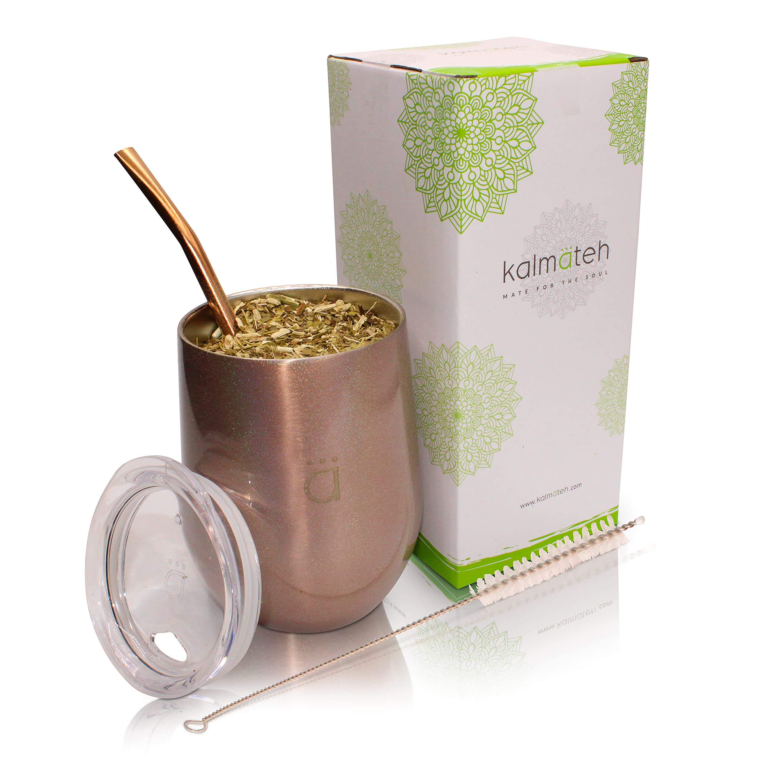 Kalmateh Yerba Mate Gourd Extra Large (12 oz) Mate Cup with BPA Free Travel Lid, Filter Straw & Cleaner- 18/8 Vacuum Insulated Stainless Steel (Rose Gold)