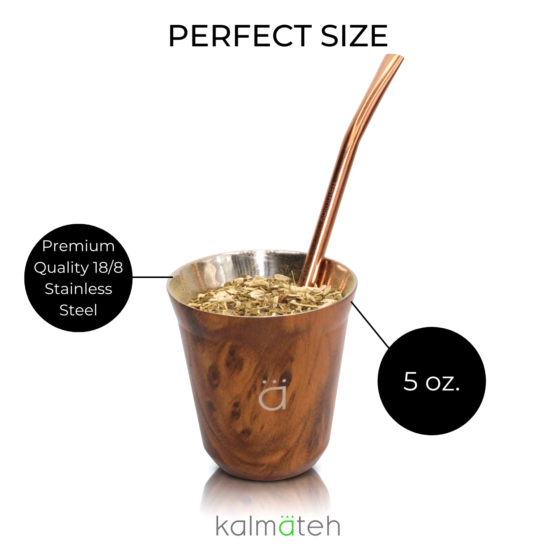 Kalmateh Petite Yerba Mate Gourd- Includes Bombilla Straw, Cleaning Brush and Gift Box- Double Walled 18/8 Stainless Steel (1 unit, 5oz)