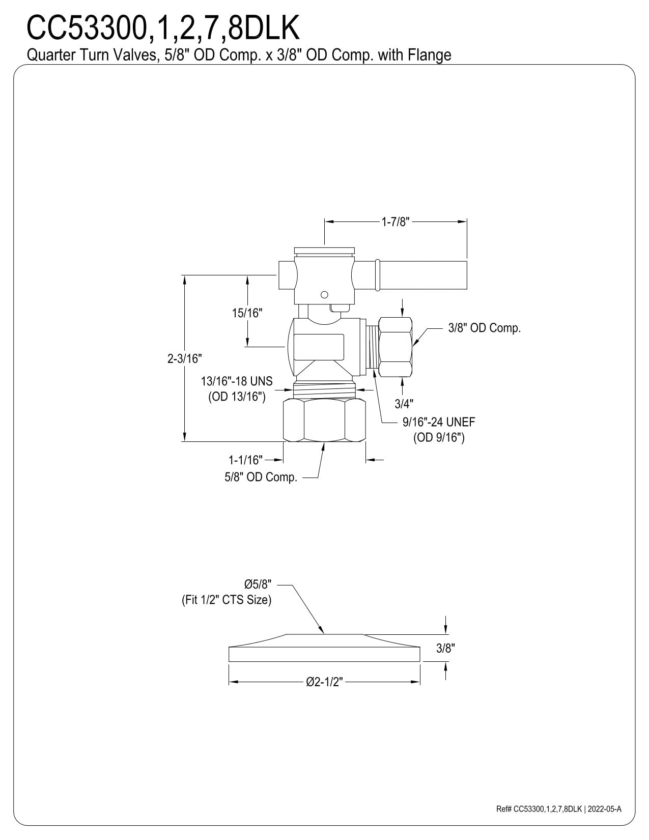 Kingston Brass CC53301DLK 5/8-Inch x 3/8-Inch OD Comp Quarter-Turn Angle Stop Valve with Flange, Polished Chrome