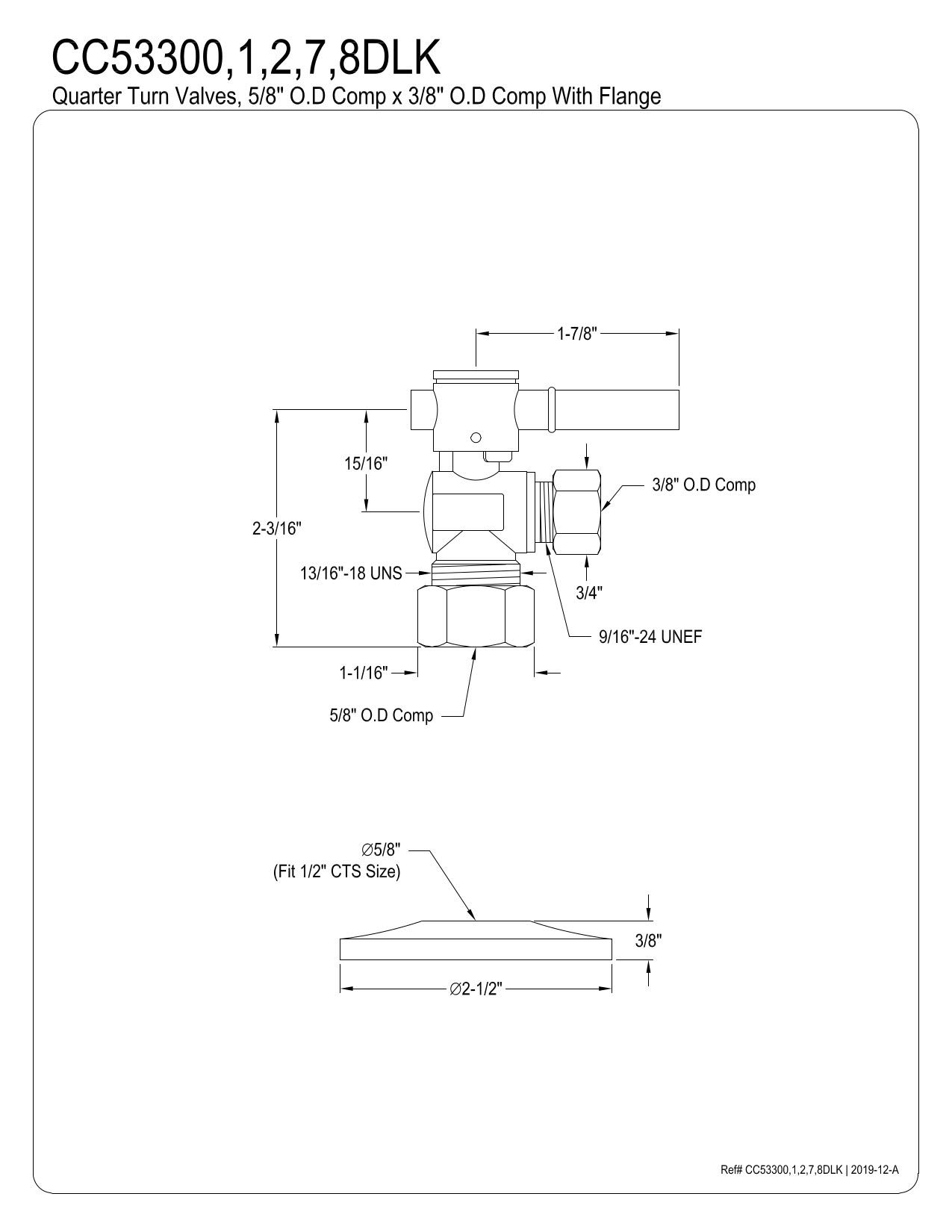 Kingston Brass CC53308DLK 5/8-Inch x 3/8-Inch OD Comp Quarter-Turn Angle Stop Valve with Flange, Brushed Nickel