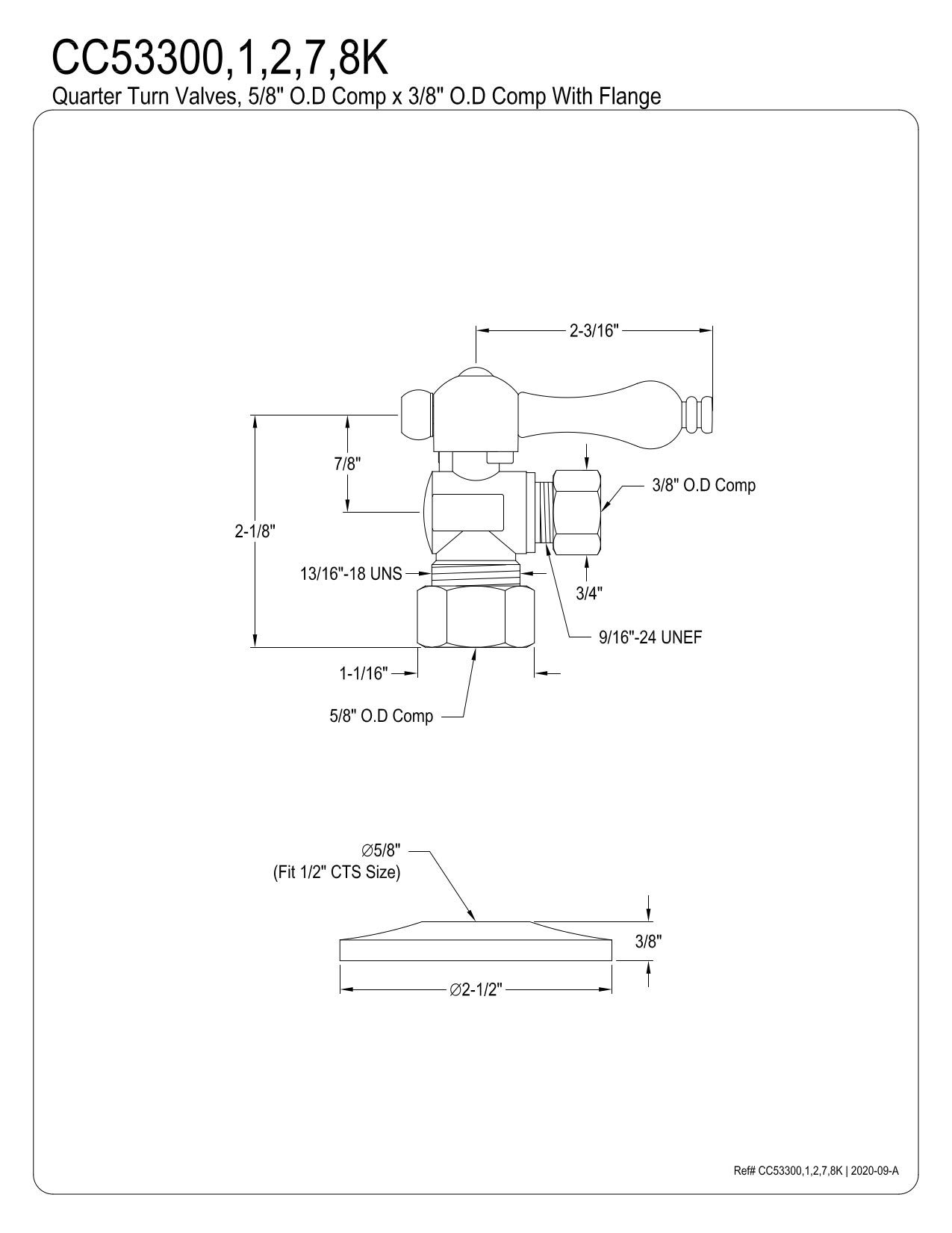 Kingston Brass CC53308K Vintage 5/8-Inch x 3/8-Inch OD Comp Quarter-Turn Angle Stop Valve with Flange, Brushed Nickel