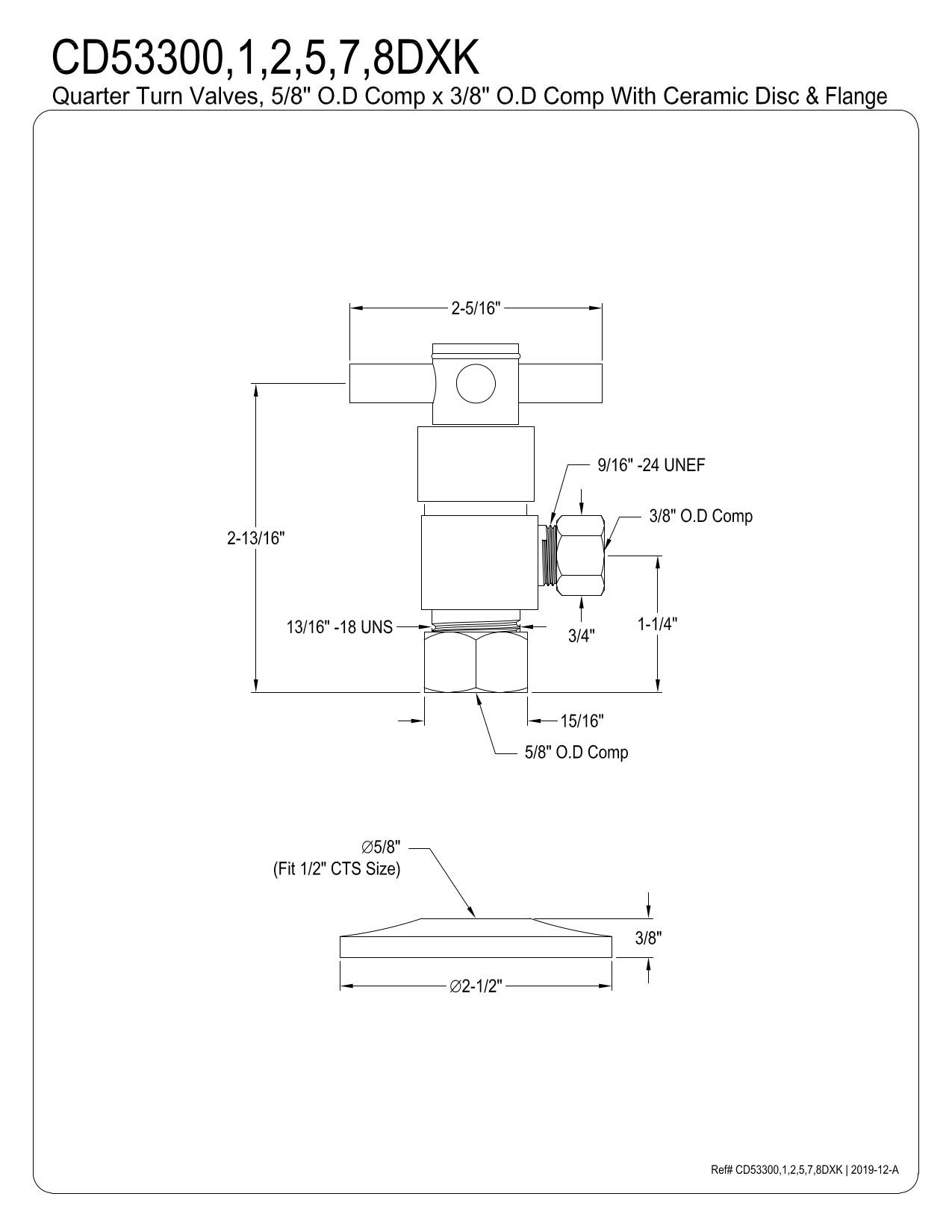 Kingston Brass CD53300DXK 5/8" O.D x 3/8" O.D Anti-Seize Deluxe Quarter Turn Ceramic Hardisc Cartridge Angle Stop with Flange, Matte Black