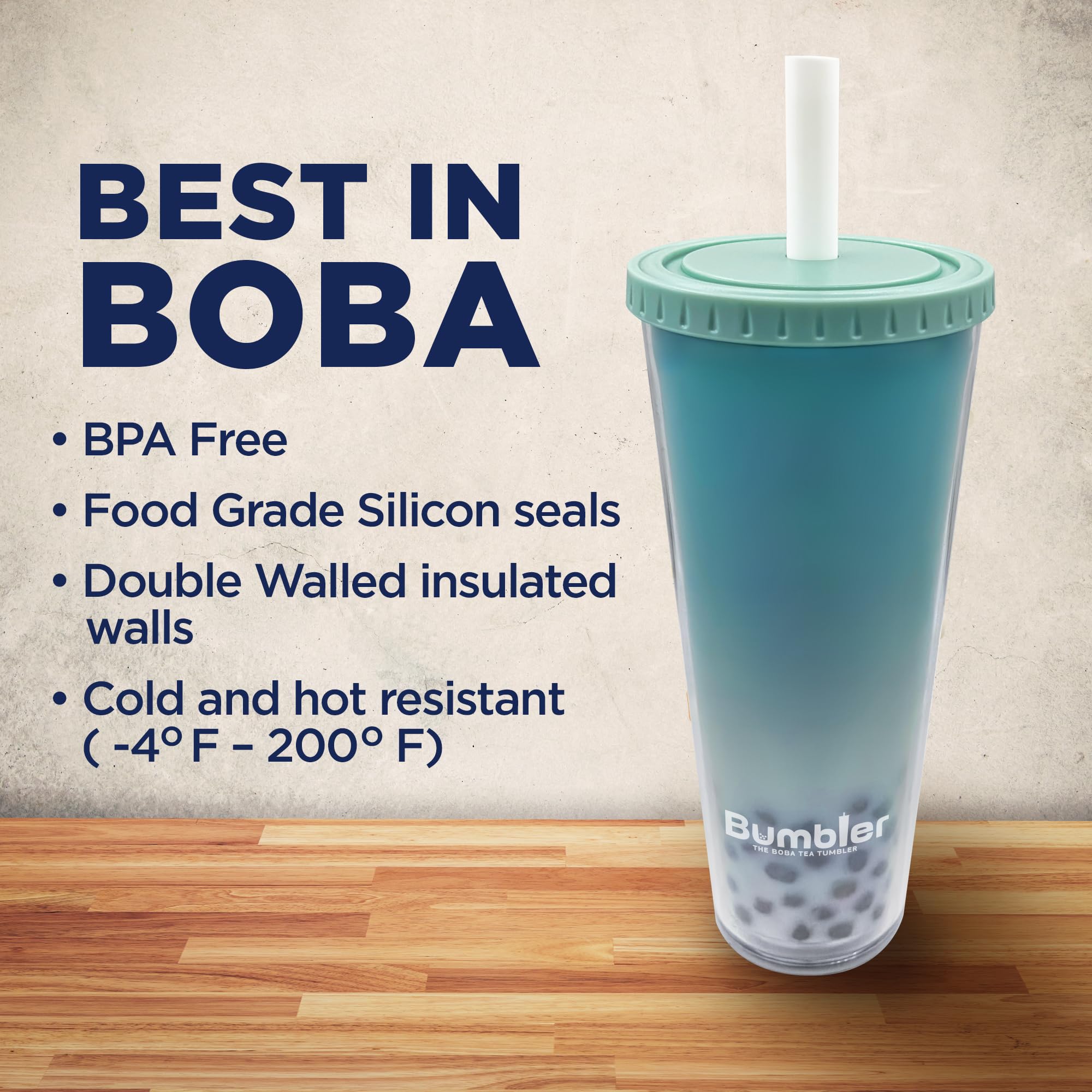 Bumbler 24oz Large Reusable Portable Eco-Friendly Tumbler | Drinking Cup with Wide Soft Tip Straw, Aesthetic Leak-Proof Lid β for Boba Tea, Smoothies, Iced Coffee, Hot or Cold Drinks β Fresh Mint