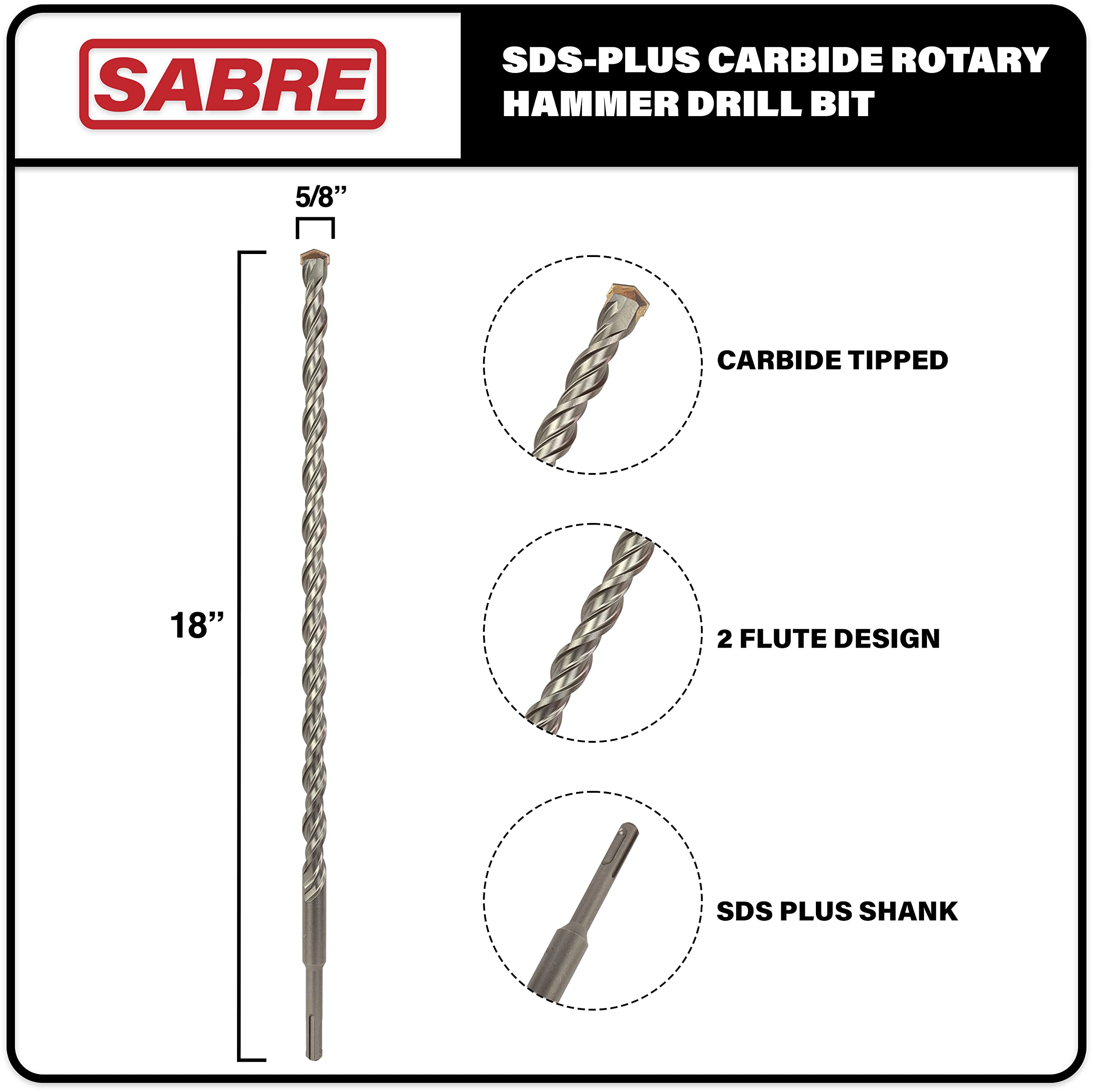 Sabre Tools 5/8 Inch x 18 Inch SDS Plus Rotary Hammer Drill Bit, Carbide Tipped for Brick, Stone, and Concrete (5/8" x 16" x 18")