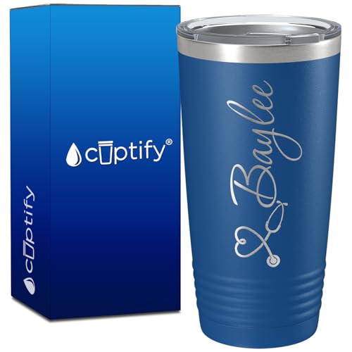 Personalized Heart Stethoscope Tumbler Gift for Nurse, RN, LPN, CNA, CMA, MA Laser Engraved on Blue 20 oz Stainless Steel Tumbler with Lid - Insulated Cup - Custom Travel Mug