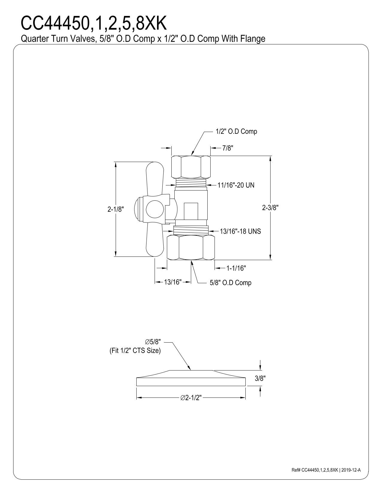Kingston Brass CC44458XK 5/8-Inch OD X 1/2-Inch OD Comp Quarter-Turn Straight Stop Valve with Flange, Brushed Nickel