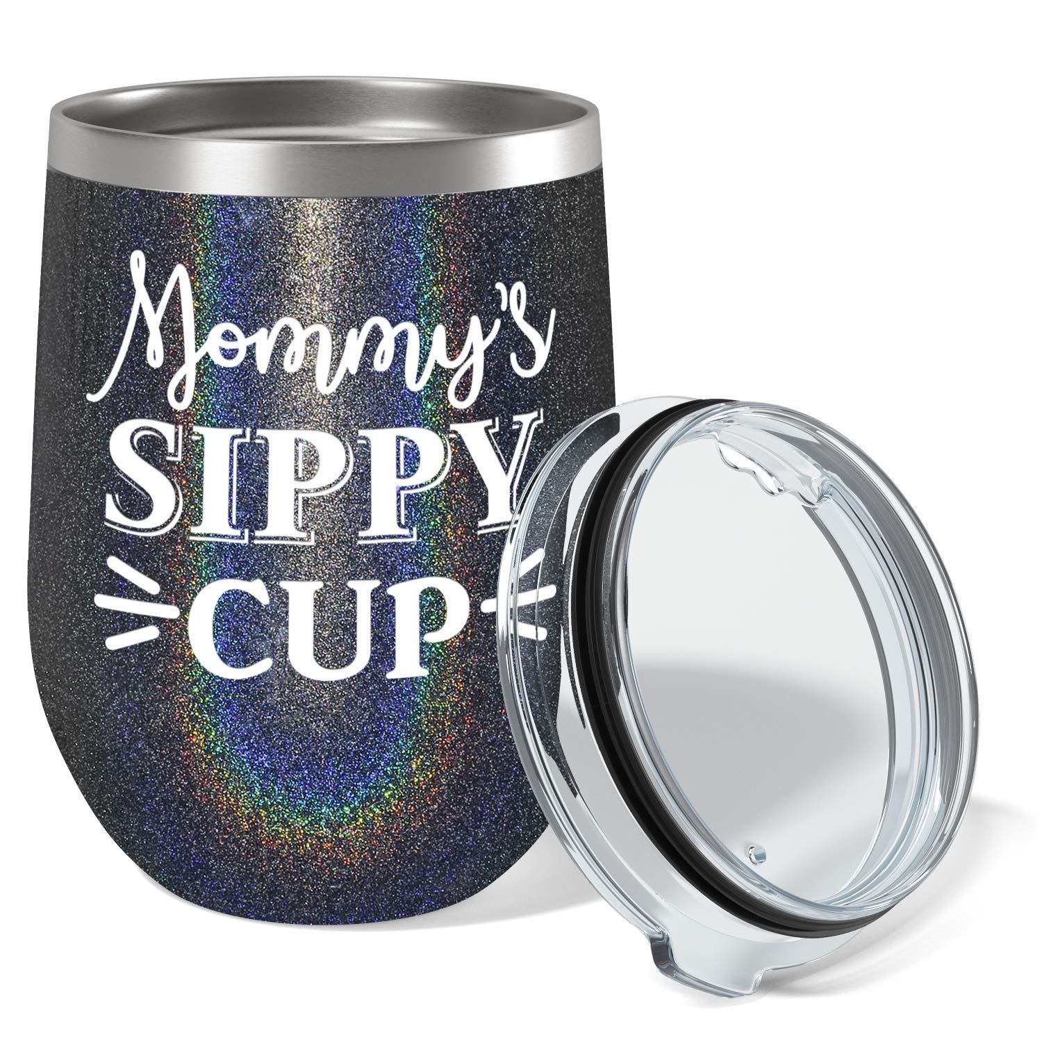 Mommy's Sippy Cup Wine Tumbler Black Glitter 12 oz Stainless Steel Stemless Glass with Lid for Mother's Day, Birthday, Christmas Gift for Mom