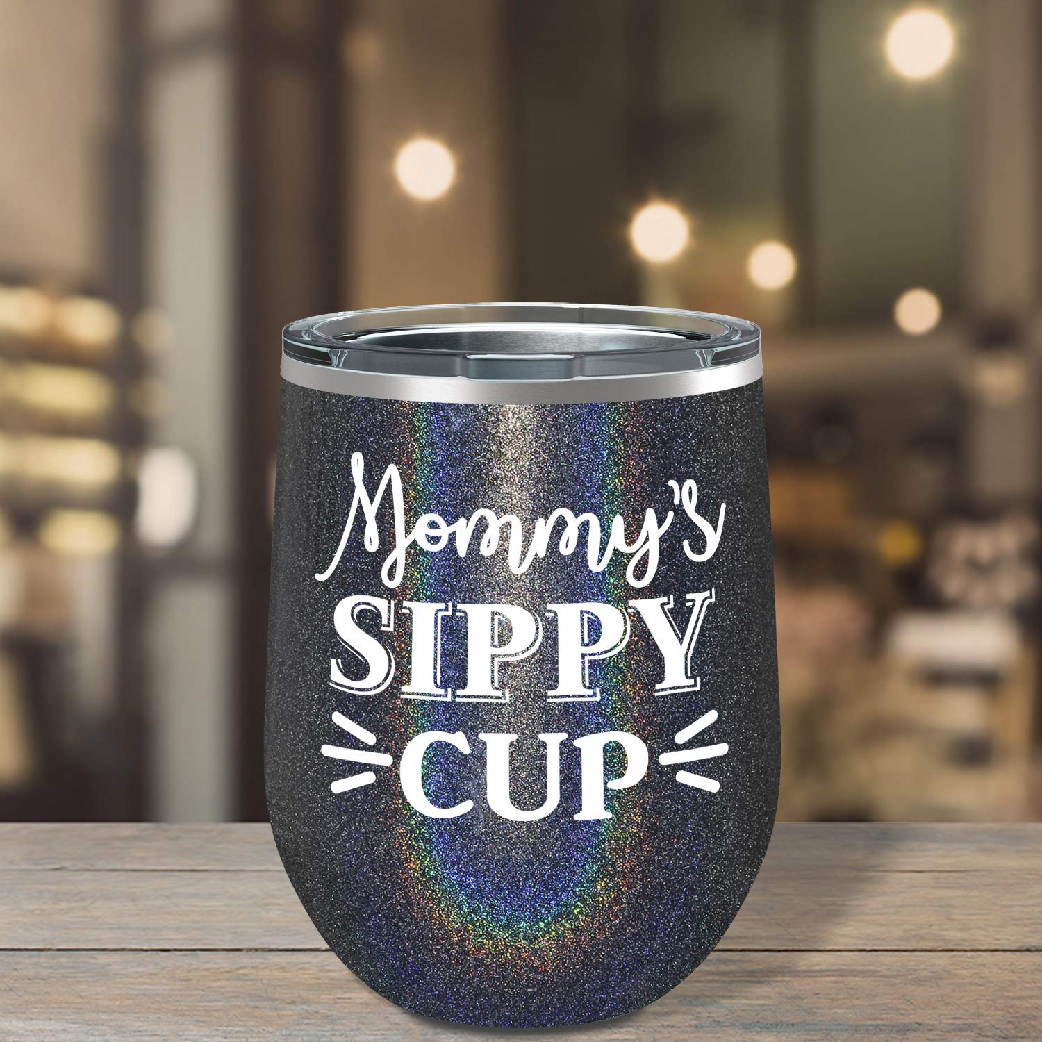 Mommy's Sippy Cup Wine Tumbler Black Glitter 12 oz Stainless Steel Stemless Glass with Lid for Mother's Day, Birthday, Christmas Gift for Mom
