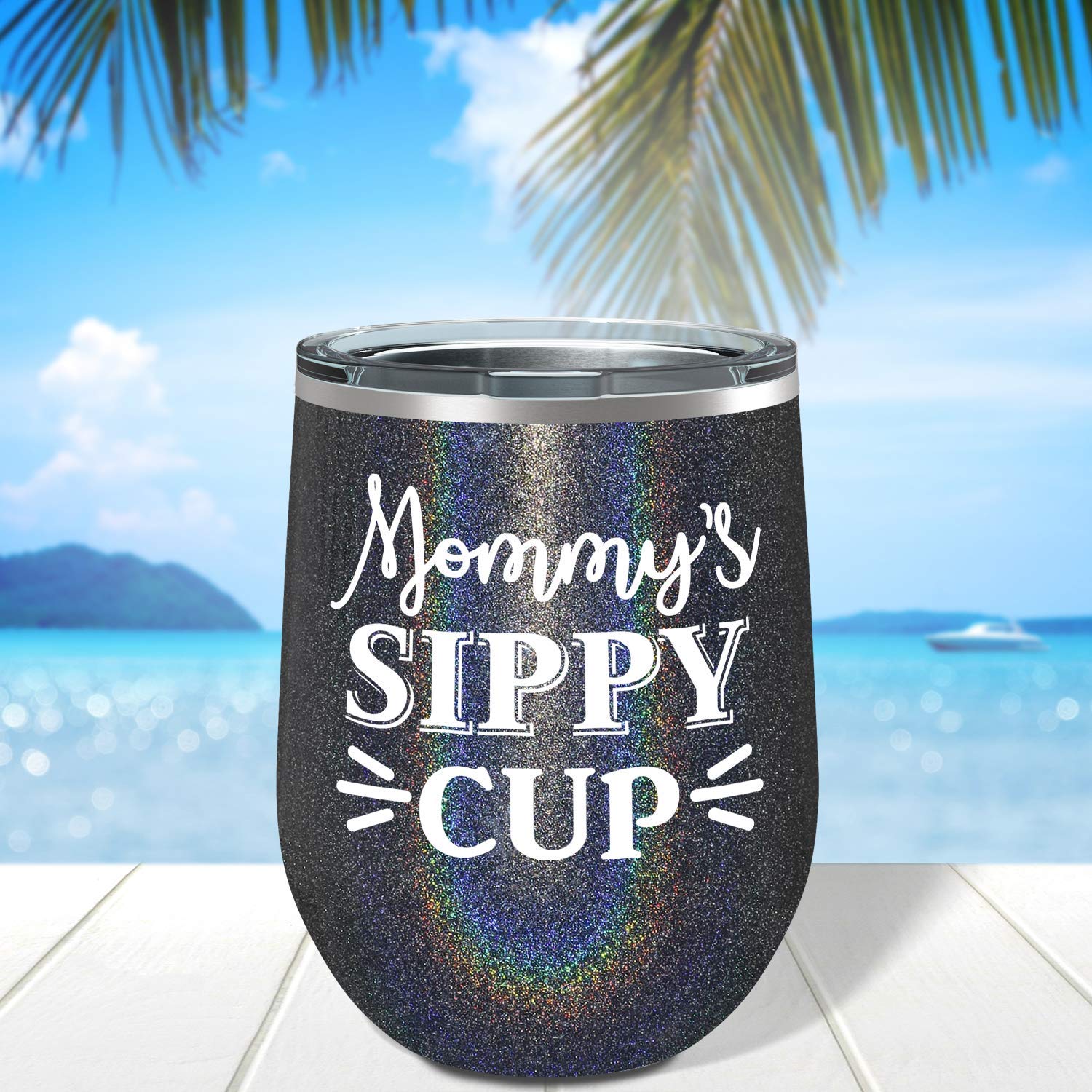 Mommy's Sippy Cup Wine Tumbler Black Glitter 12 oz Stainless Steel Stemless Glass with Lid for Mother's Day, Birthday, Christmas Gift for Mom