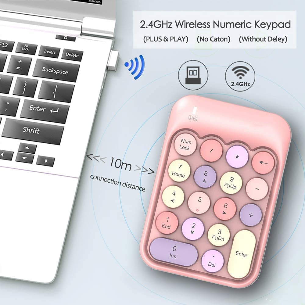 FELICON Wireless Numeric Keypad 18 Keys with 2.4G Mini Portable Silent Number Pad USB Receiver Financial Accounting Keyboard Extensions for Laptop Desktop PC Pro（Pink Mix）