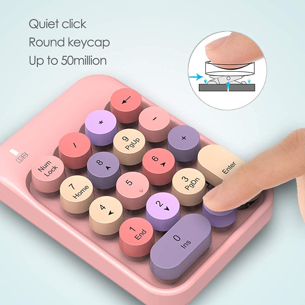 FELICON Wireless Numeric Keypad 18 Keys with 2.4G Mini Portable Silent Number Pad USB Receiver Financial Accounting Keyboard Extensions for Laptop Desktop PC Pro（Pink Mix）