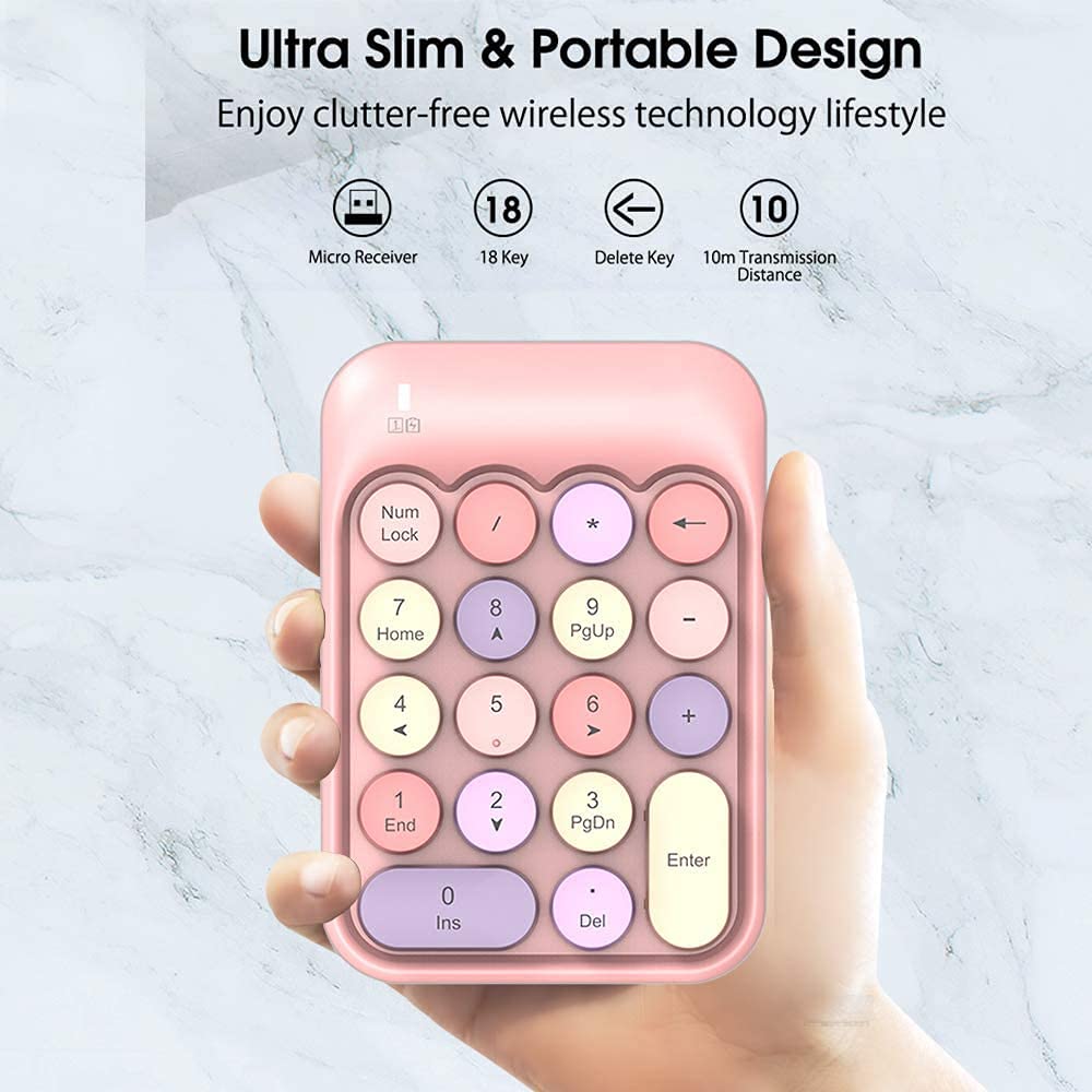 FELICON Wireless Numeric Keypad 18 Keys with 2.4G Mini Portable Silent Number Pad USB Receiver Financial Accounting Keyboard Extensions for Laptop Desktop PC Pro（Pink Mix）