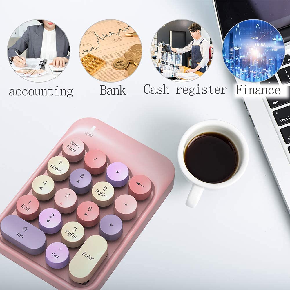 FELICON Wireless Numeric Keypad 18 Keys with 2.4G Mini Portable Silent Number Pad USB Receiver Financial Accounting Keyboard Extensions for Laptop Desktop PC Pro（Pink Mix）
