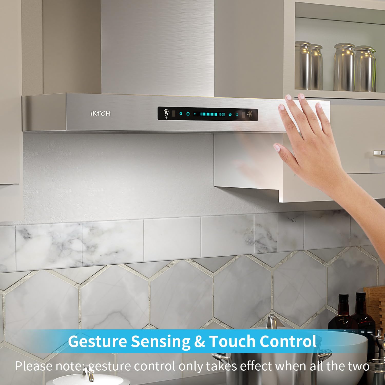 IKTCH 30"Wall Mount Range Hood, 900 CFM Ducted Range Hood with 4 Speed Fan, Durable Stainless Steel Range Hood 30 inch with Gesture Sensing & Touch Control IKP01-30