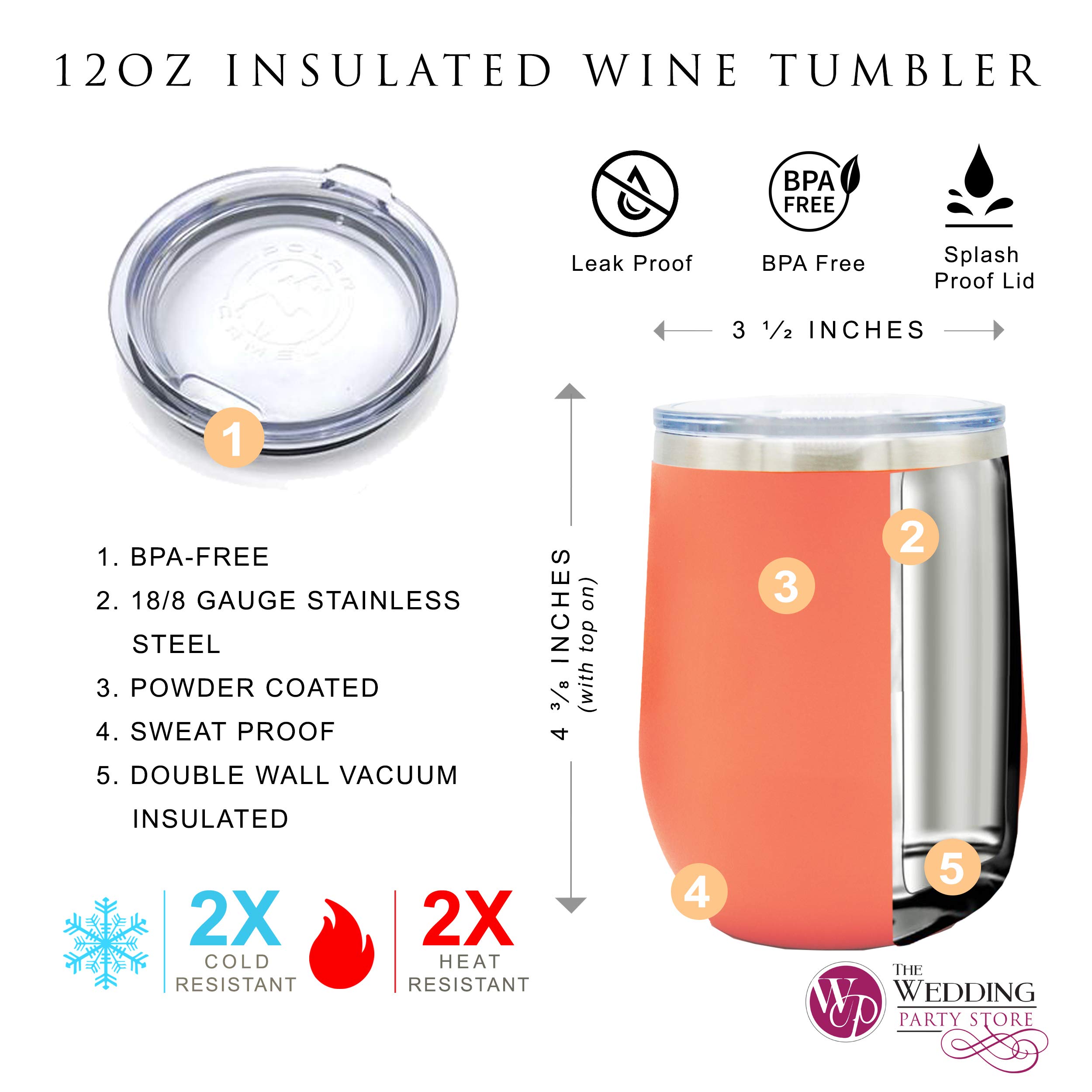 The Wedding Party Store Personalized 12 oz Insulated Stemless Wine Tumbler - Custom Engraved and Monogrammed (Coral)