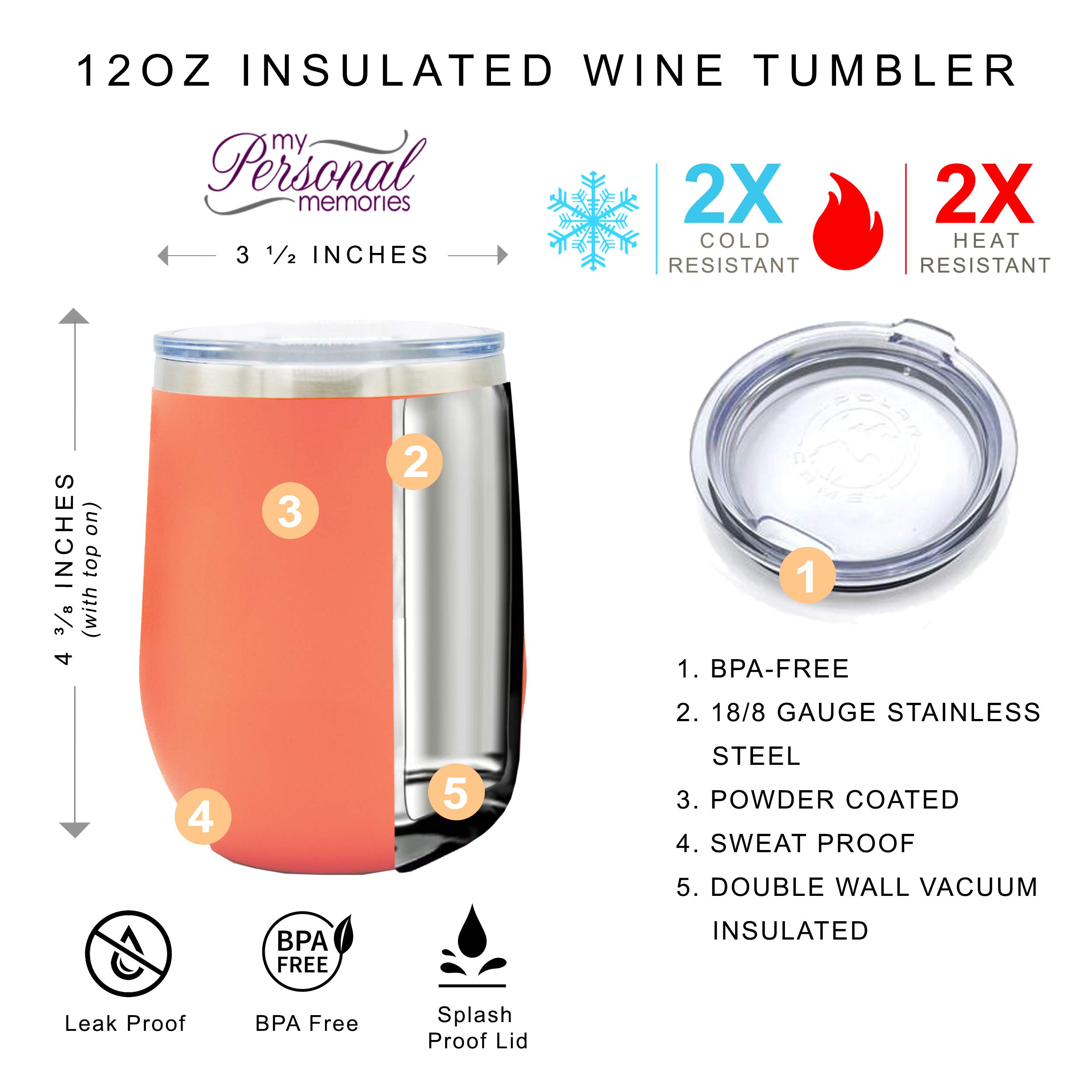 My Personal Memories Custom Engraved Insulated Stemless Wine Tumbler Cup - Personalized Bridesmaid Beach Pool Girls Fun - Monogrammed (Coral)