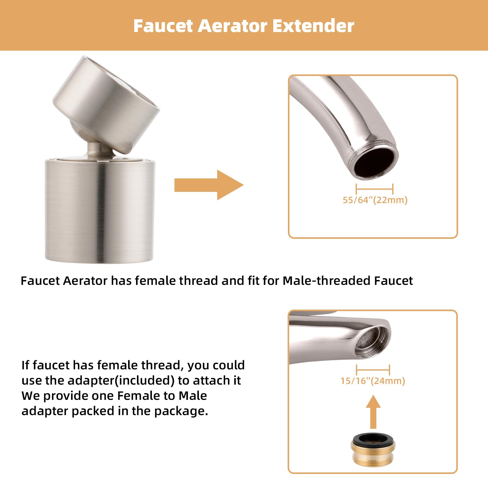 Hibbent NSF/ANSI/CAN 61 Certified Faucet Aerator, CUPC Certification 360 Degree Swivel Kitchen 2-Flow Sprayer Splash-Proof Water Saving Faucet Extender- 55/6 Inch-27UNS Female Thread, Brushed Nickel