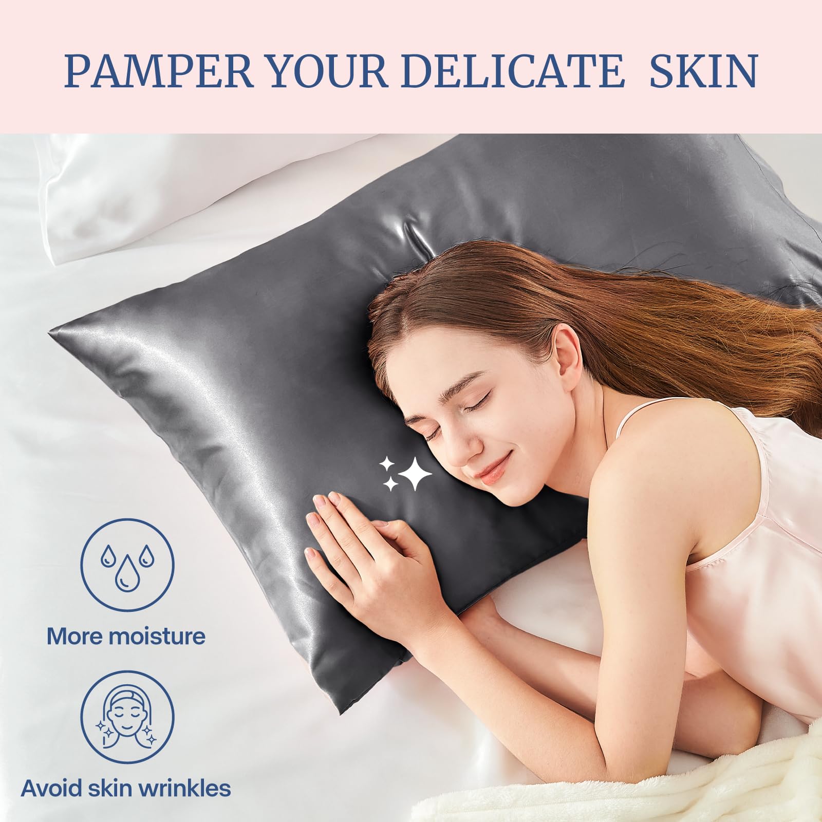 BEDELITE Satin Pillowcase for Hair and Skin, Super Soft and Cooling Similar to Silk Pillow Cases 2 Pack with Envelope Closure, Gift for Women Men(20"x30" Queen Size, Dark Grey)