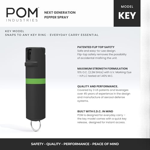 POM Pepper Spray Combo Pack Clip & Keychain - Maximum Strength OC Spray Self Defense- Tactical Compact & Safe Design - 25 Bursts & 10 ft Range - Stream Spray Pattern Black and Lime