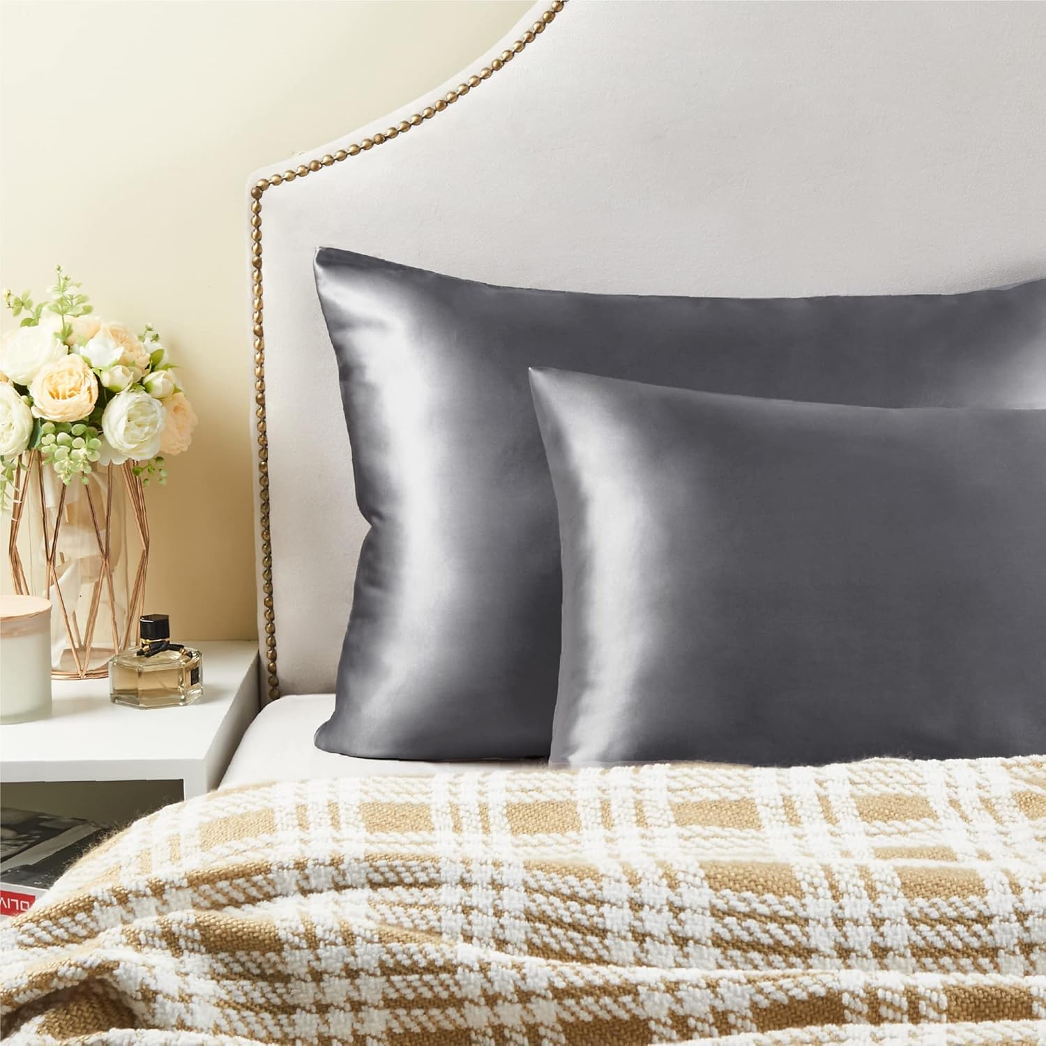BEDELITE Satin Pillowcase for Hair and Skin, Super Soft and Cooling Similar to Silk Pillow Cases 2 Pack with Envelope Closure, Gift for Women Men(20"x30" Queen Size, Dark Grey)
