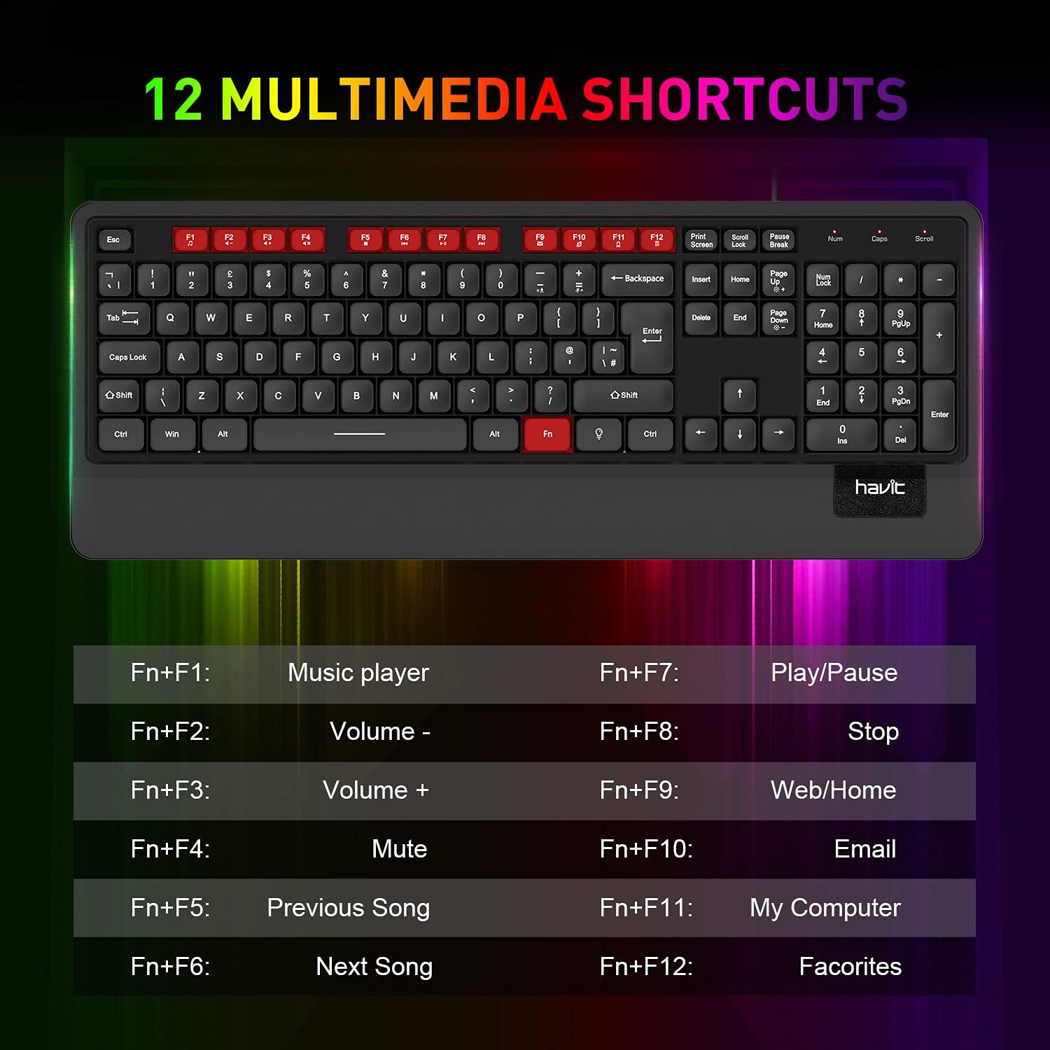 havit USB Wired Keyboard, Quiet LED Backlit Computer Keyboard Ergonomic Rainbow Gaming Keyboards with Wrist Rest for Office PC Desktop Laptop Game, 105 Keys UK Layout