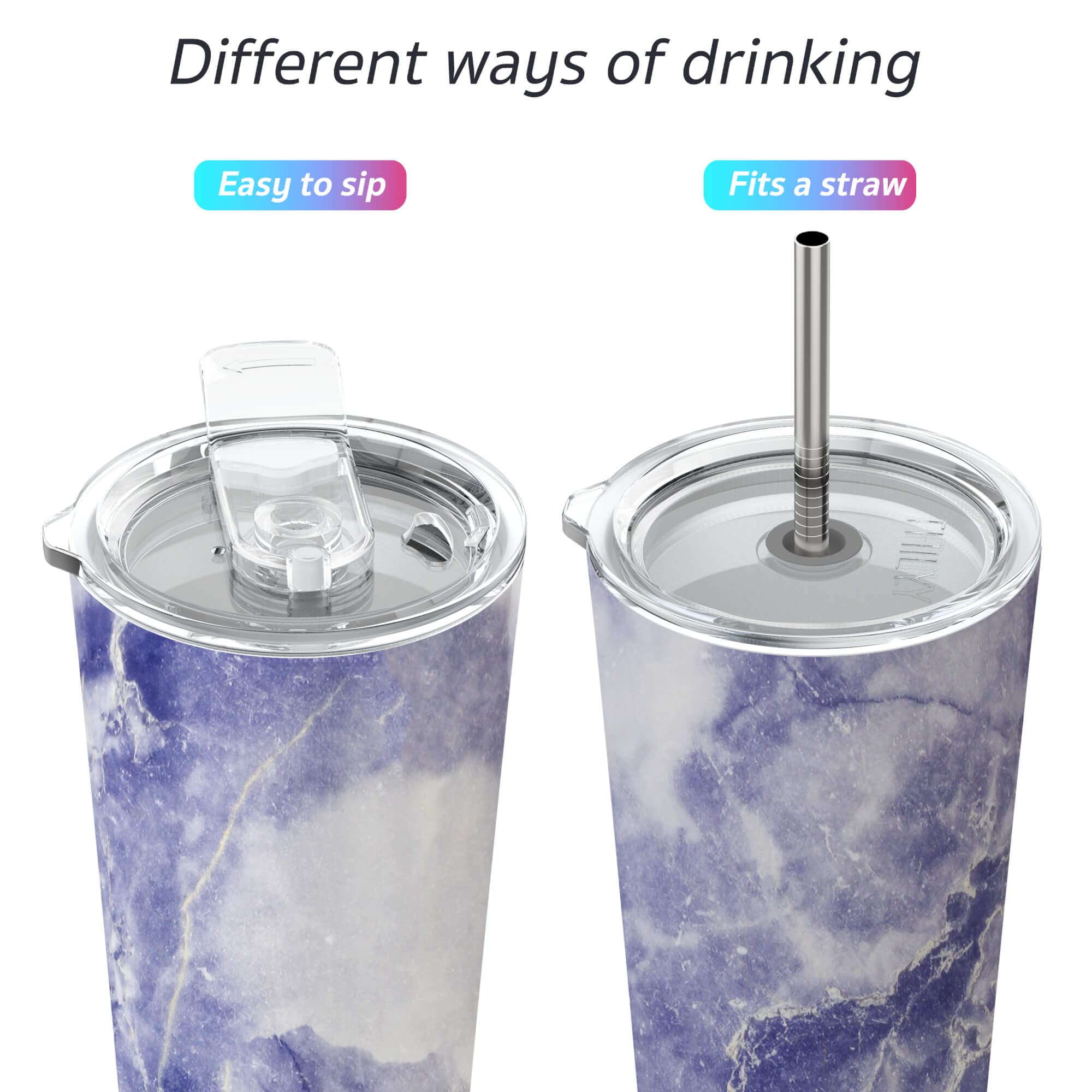 THILY Stainless Steel Vacuum Insulated Tumbler Travel Mug 26 oz Coffee Cup with 2 Lids and Straws, Splash Proof, Keep Ice Drinks Cold, Blue Marble