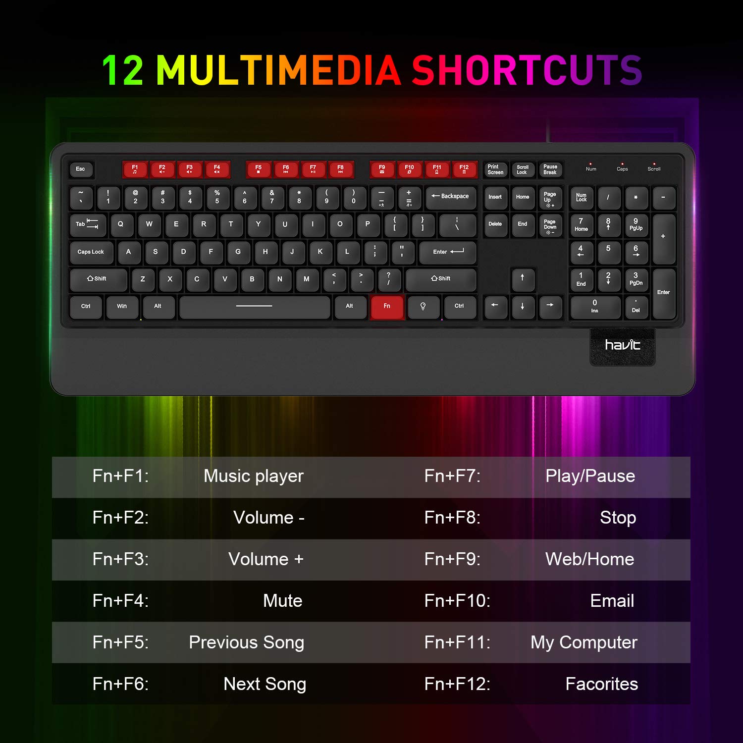 havit Wired LED Keyboard, Rainbow Backlit Computer Keyboard Ergonomic LED Gaming Keyboards Wrist Rest 104 Keys for Office PC Desktop Laptop Game Black
