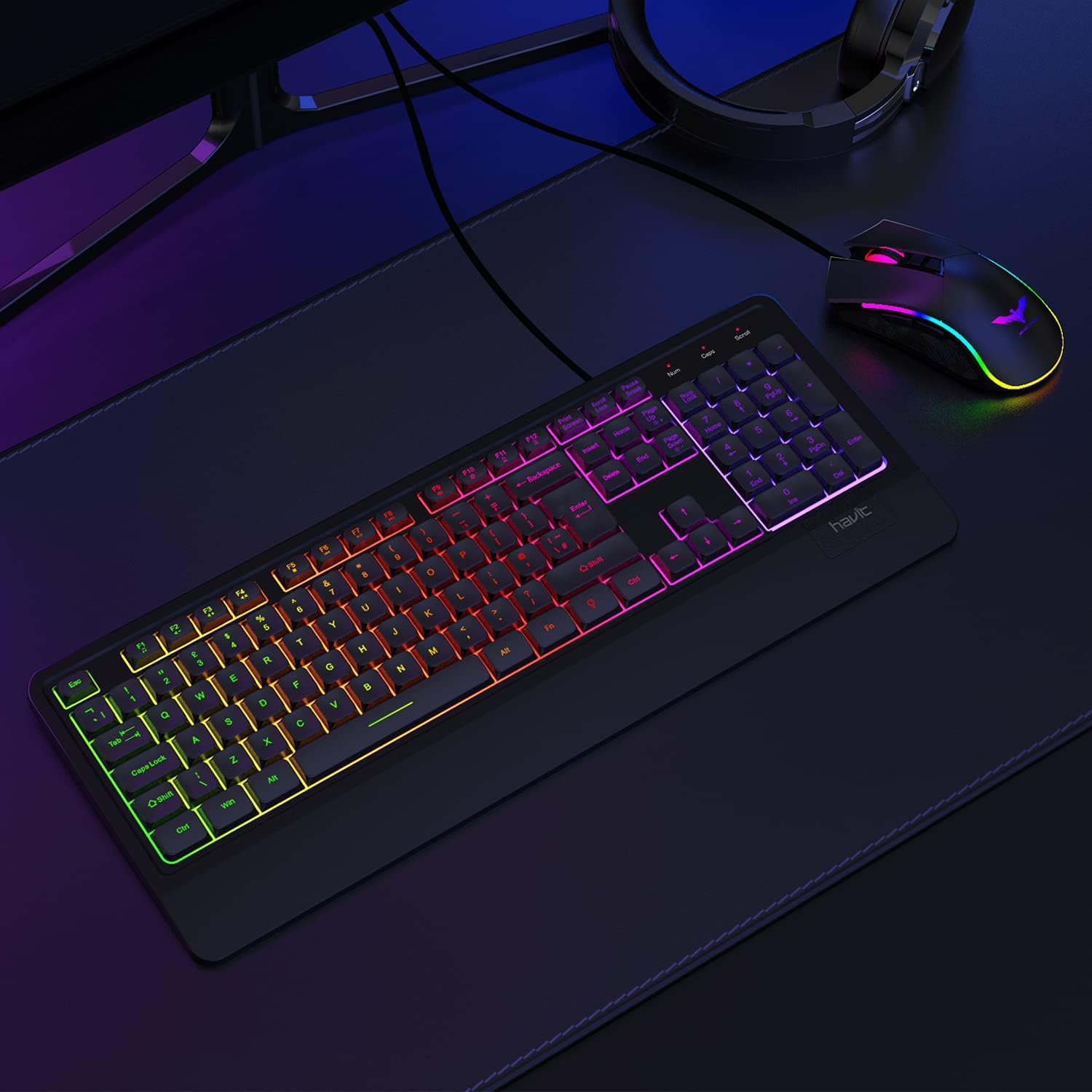 havit USB Wired Keyboard, Quiet LED Backlit Computer Keyboard Ergonomic Rainbow Gaming Keyboards with Wrist Rest for Office PC Desktop Laptop Game, 105 Keys UK Layout