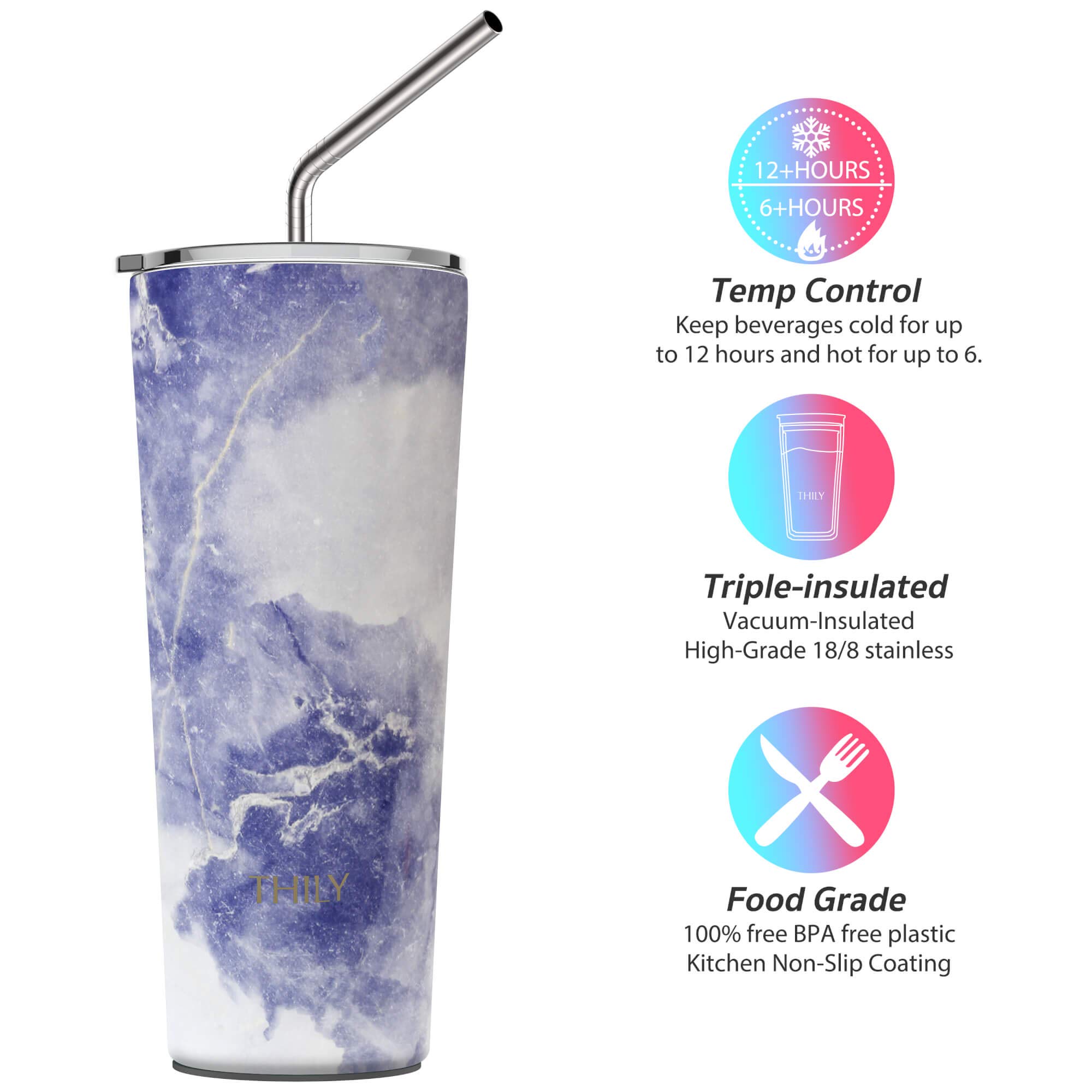 THILY Stainless Steel Vacuum Insulated Tumbler Travel Mug 26 oz Coffee Cup with 2 Lids and Straws, Splash Proof, Keep Ice Drinks Cold, Blue Marble
