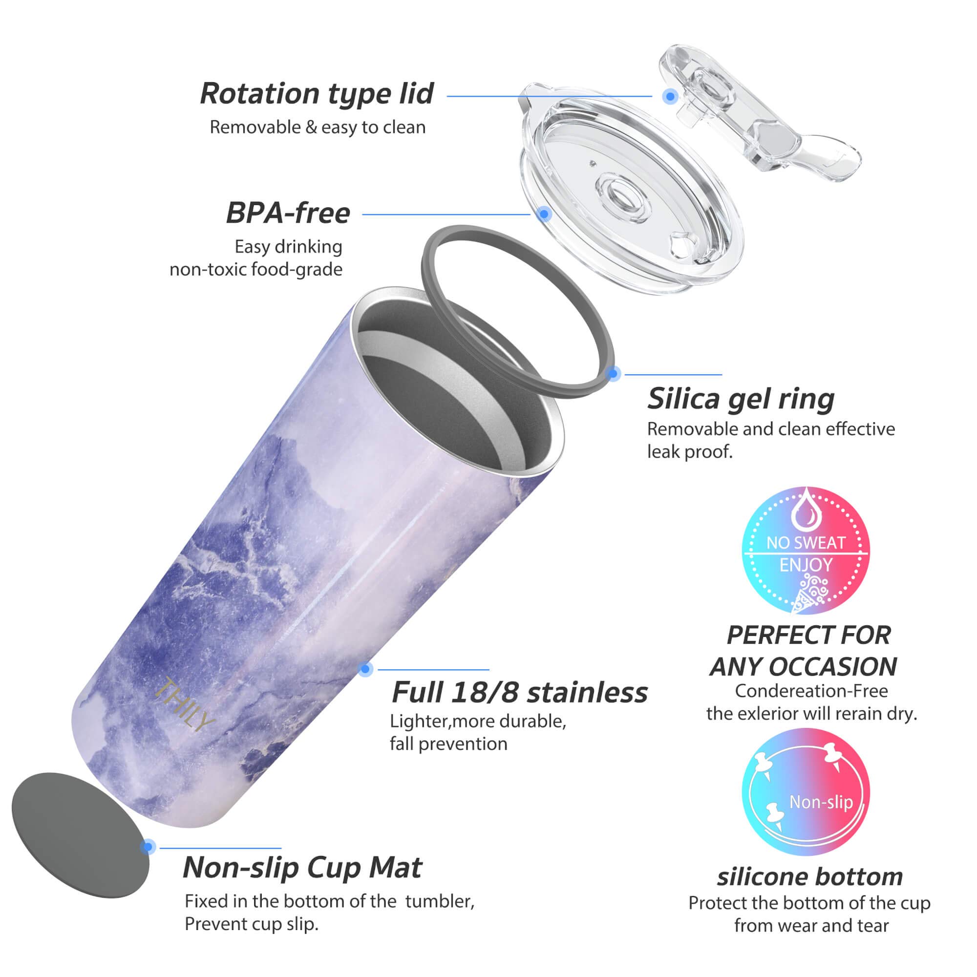 THILY Stainless Steel Vacuum Insulated Tumbler Travel Mug 26 oz Coffee Cup with 2 Lids and Straws, Splash Proof, Keep Ice Drinks Cold, Blue Marble