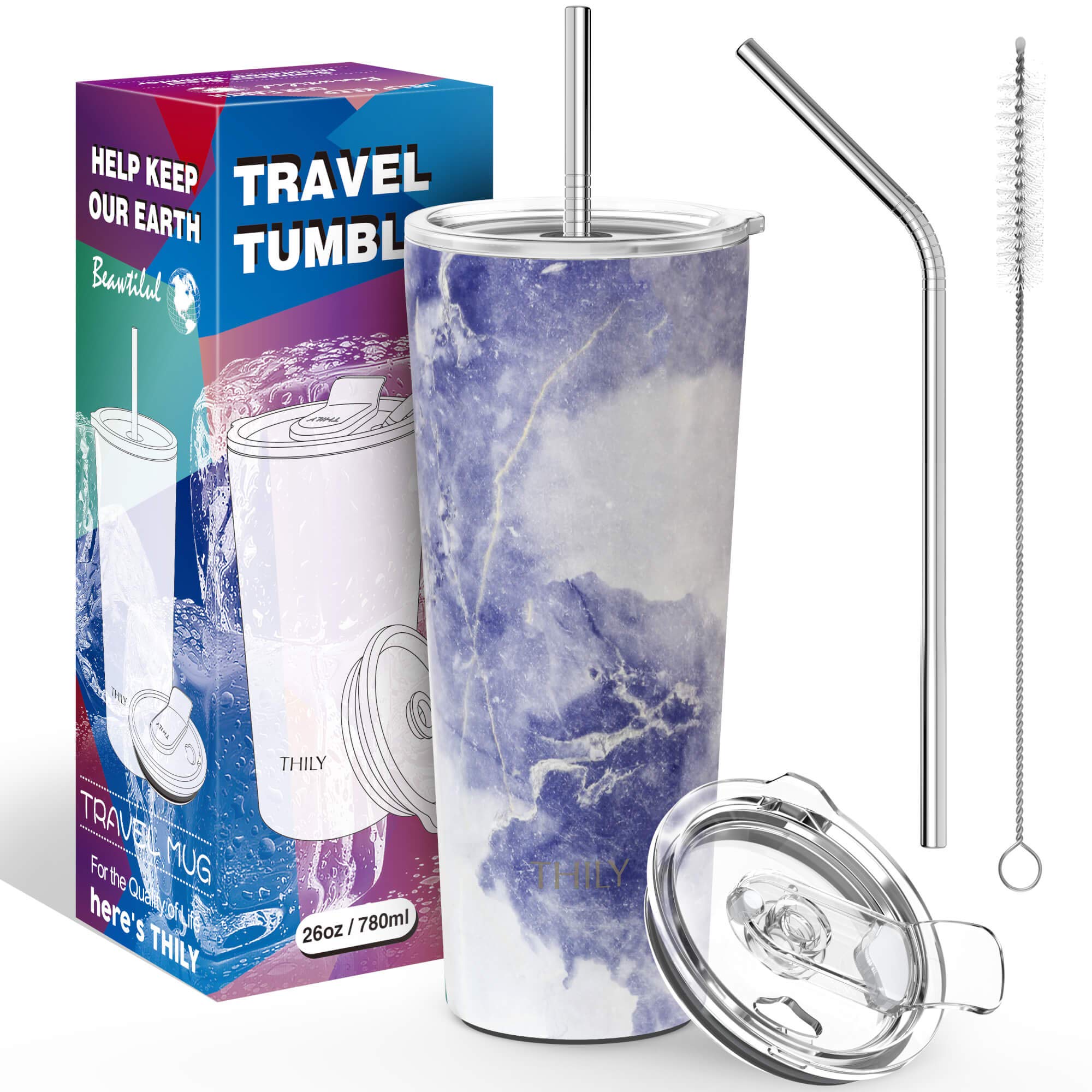 THILY Stainless Steel Vacuum Insulated Tumbler Travel Mug 26 oz Coffee Cup with 2 Lids and Straws, Splash Proof, Keep Ice Drinks Cold, Blue Marble