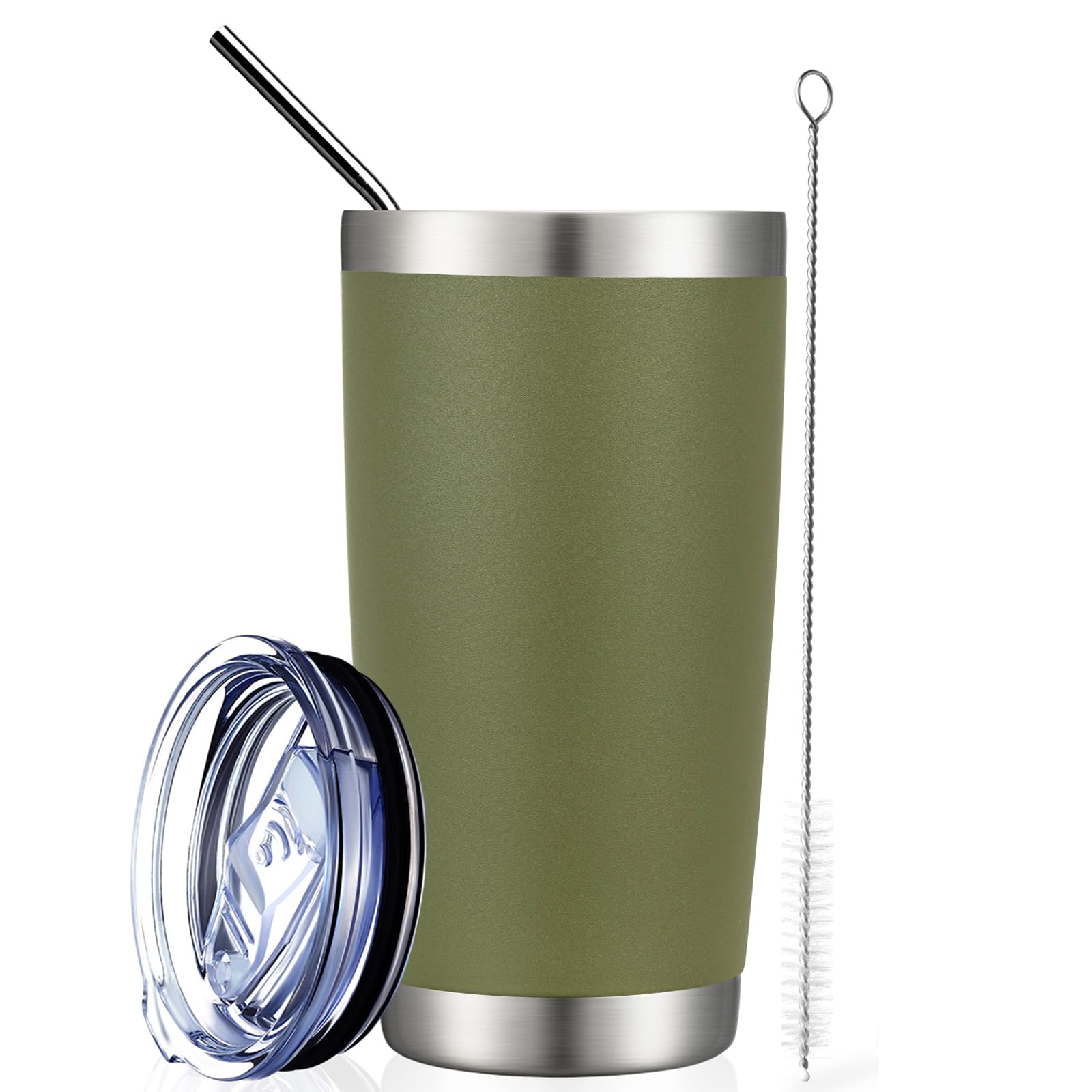 COMOOO 20oz Double Wall Vacuum Insulated Travel Mug, Stainless Steel Tumbler with Lid and Straw Durable Powder Coated Insulated Coffee Cup for Cold & Hot Drinks（Army Green, 1 Pack）